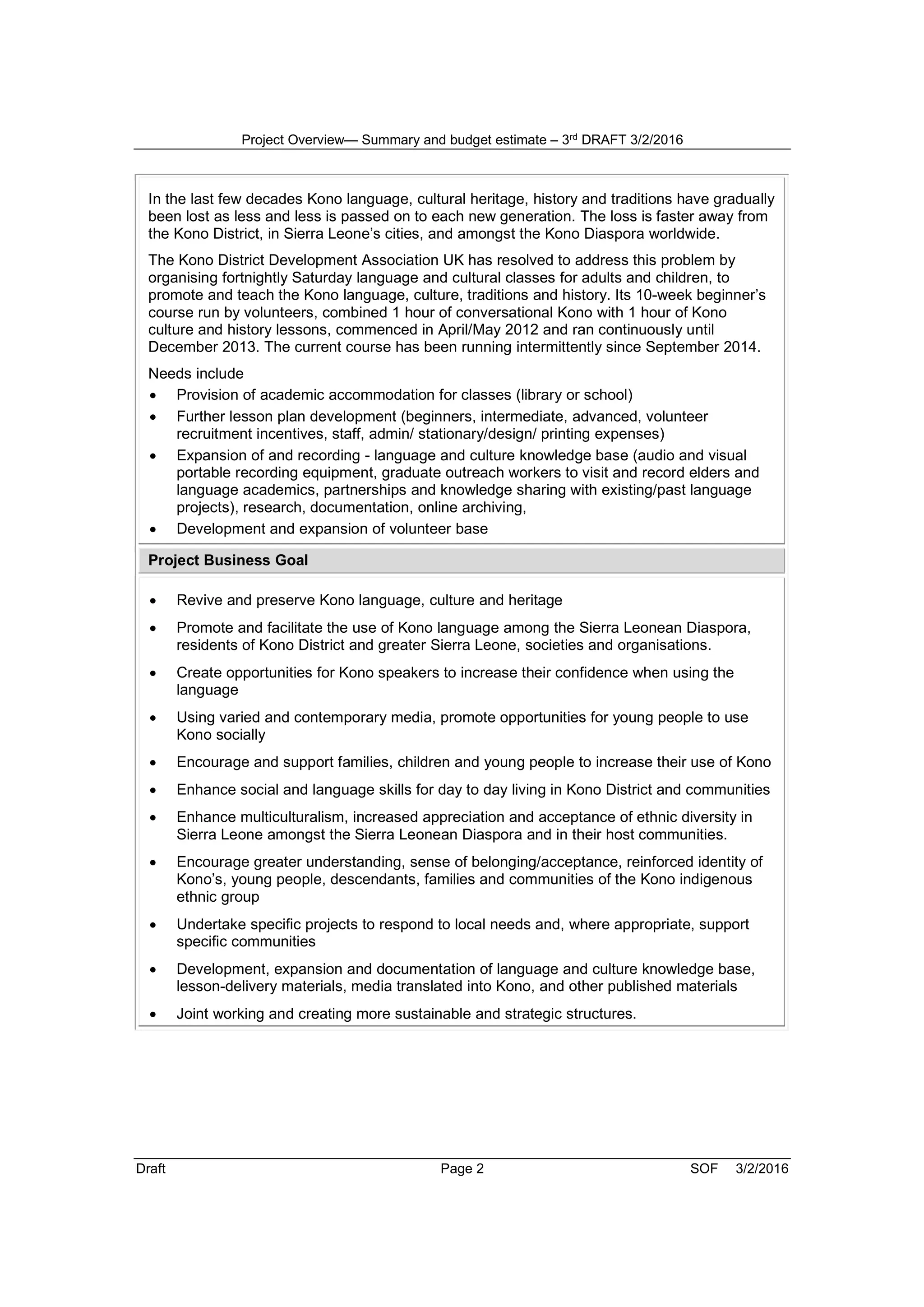 Kono Language and culture project summary Feb 2016 draft | PDF