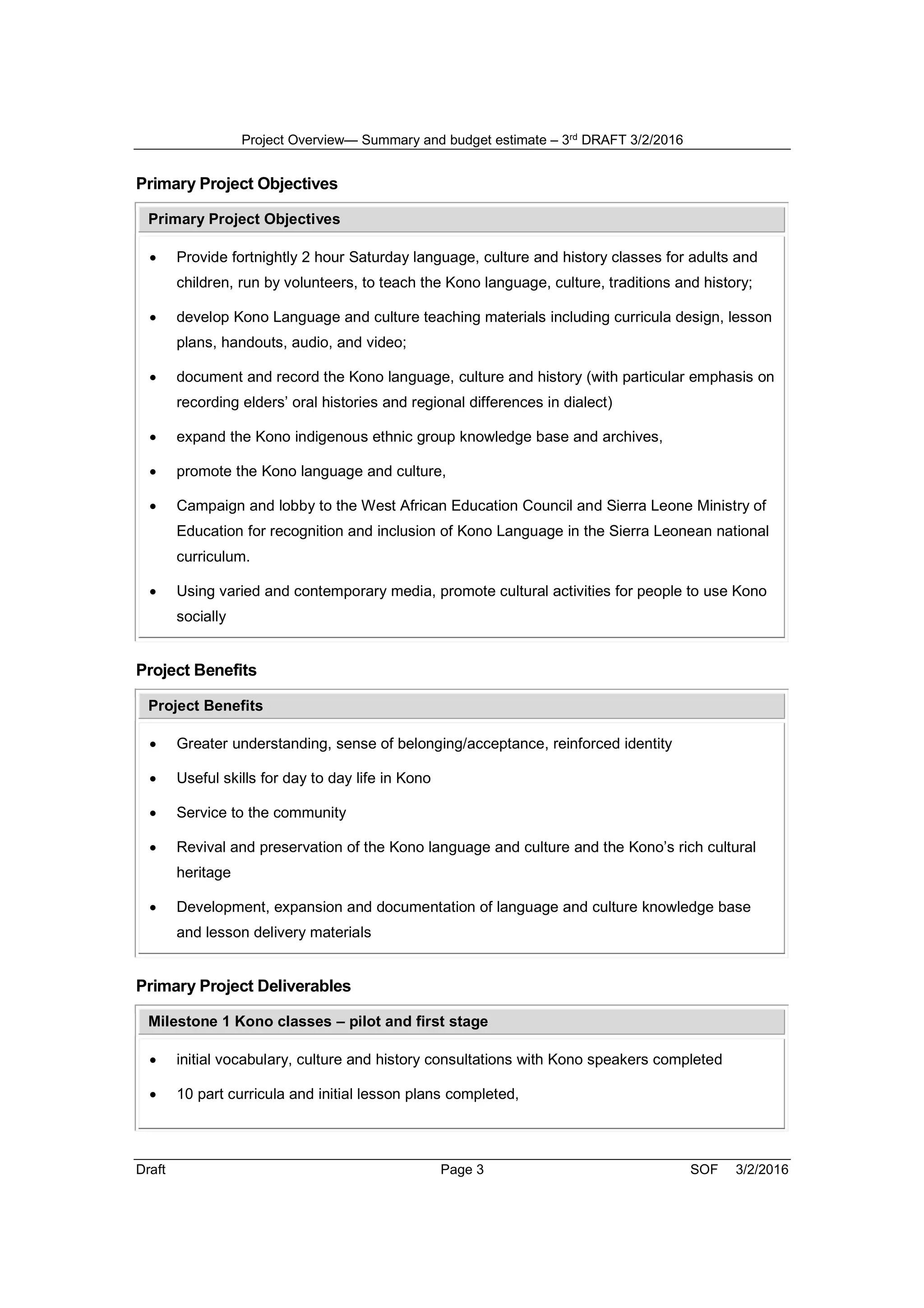 Kono Language and culture project summary Feb 2016 draft | PDF