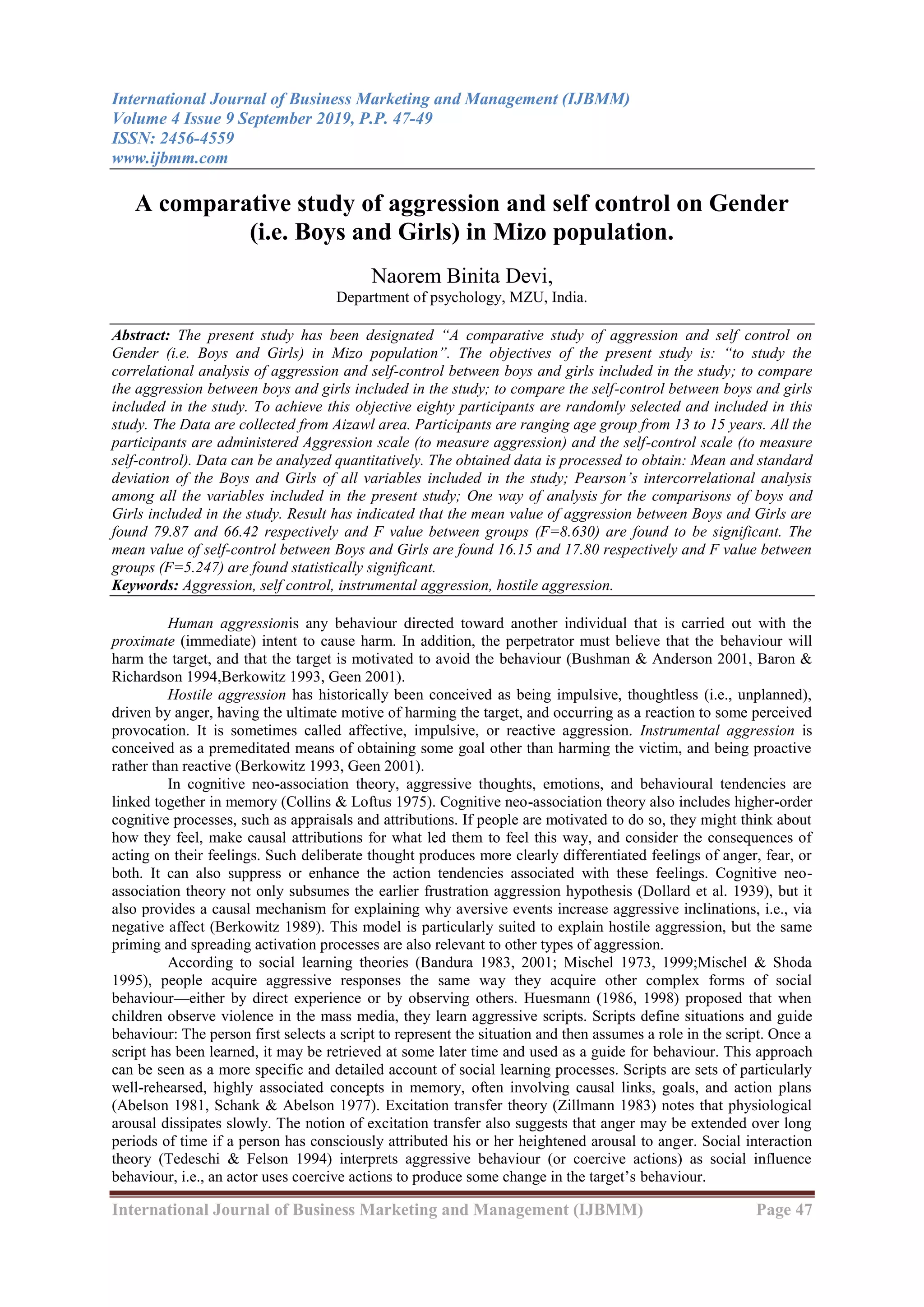 A comparative study of aggression and self control on Gender (i.e. Boys ...