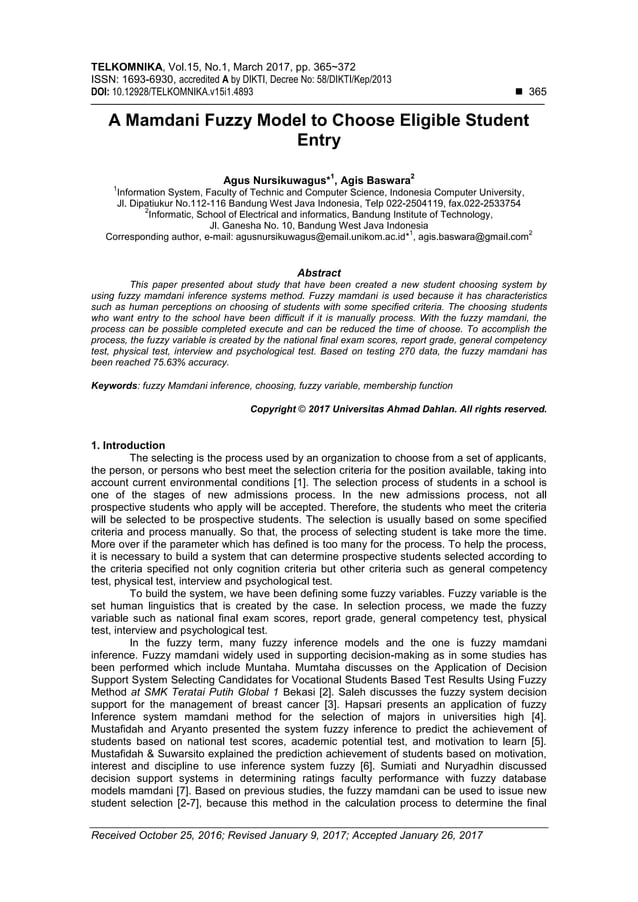 A Mamdani Fuzzy Model to Choose Eligible Student Entry | PDF