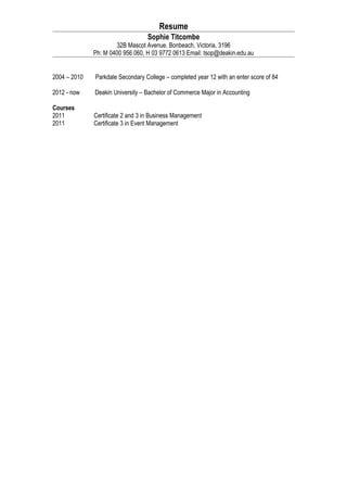 Resume of Sophie Titcombe | PDF