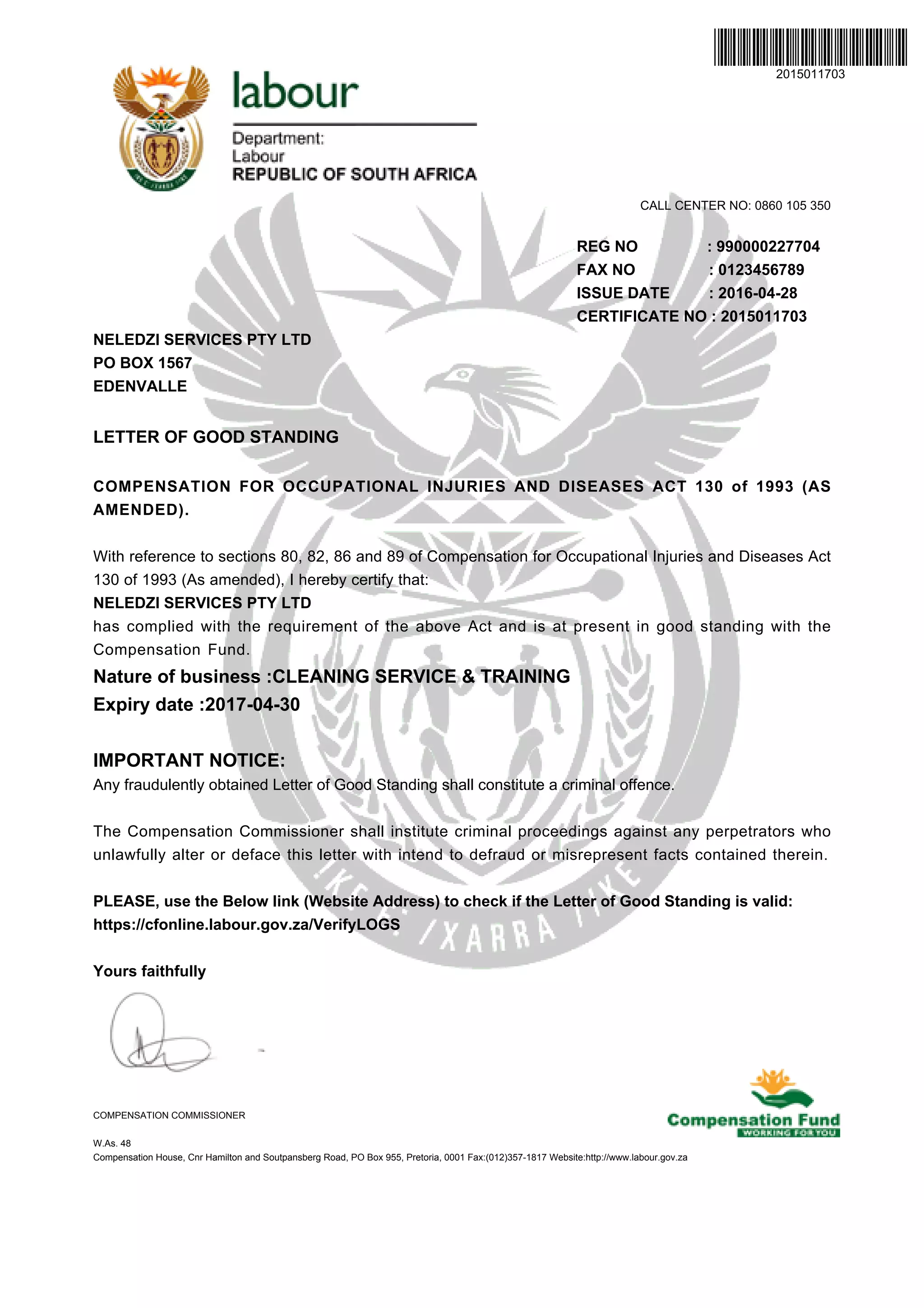 2017 letter of good standing Neledzi Services | PDF