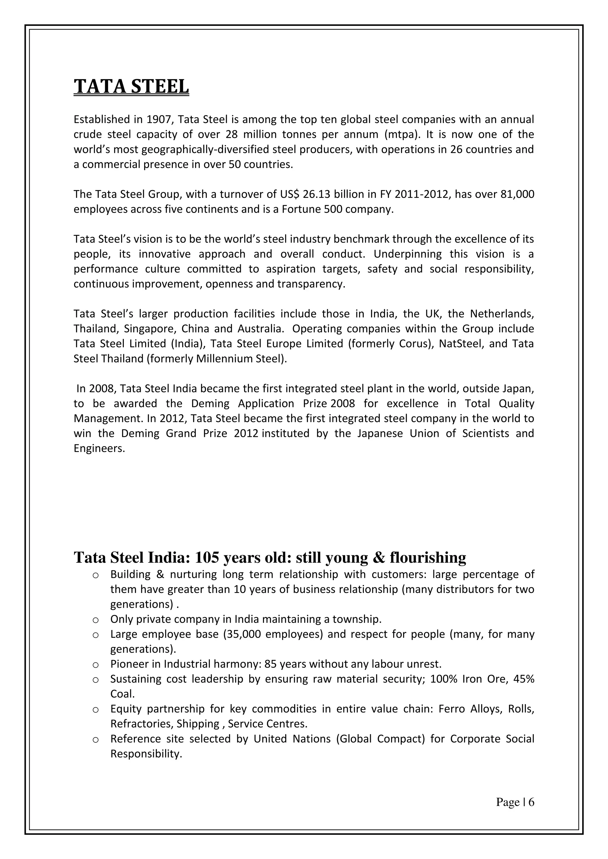 Tata Steel Organisation Structure Project | PDF