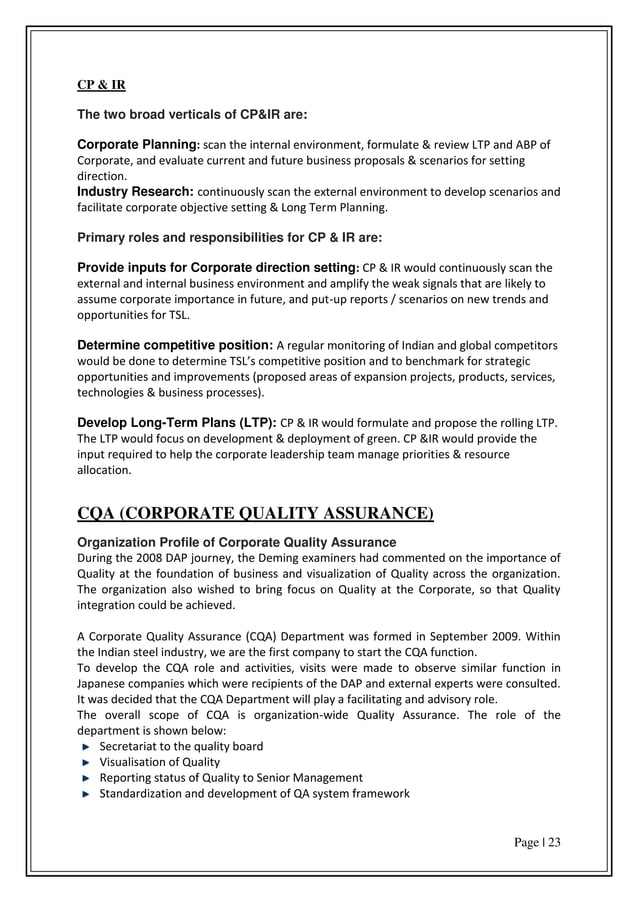 Tata Steel Organisation Structure Project