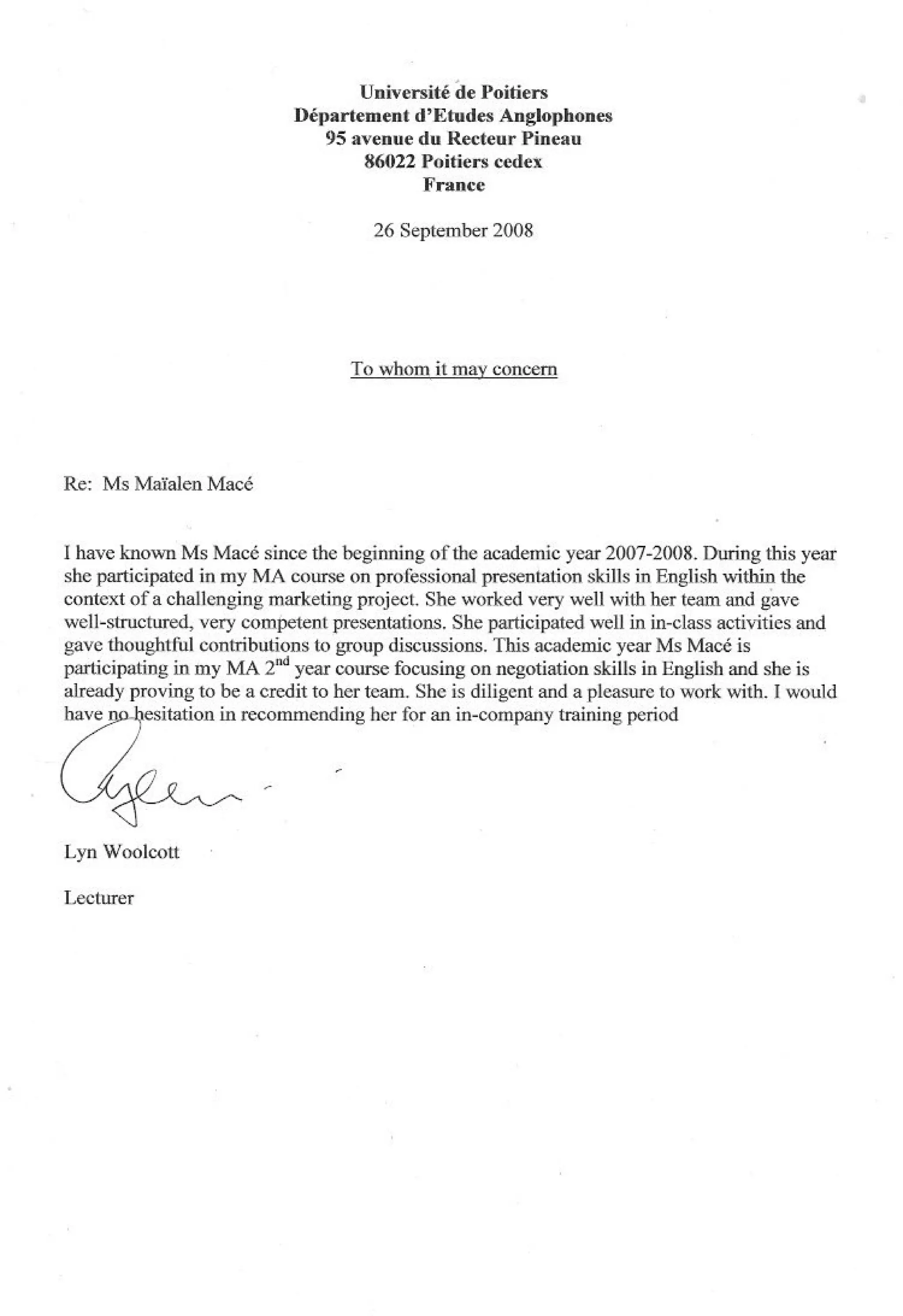 Reference Letter University of Poitiers | PDF