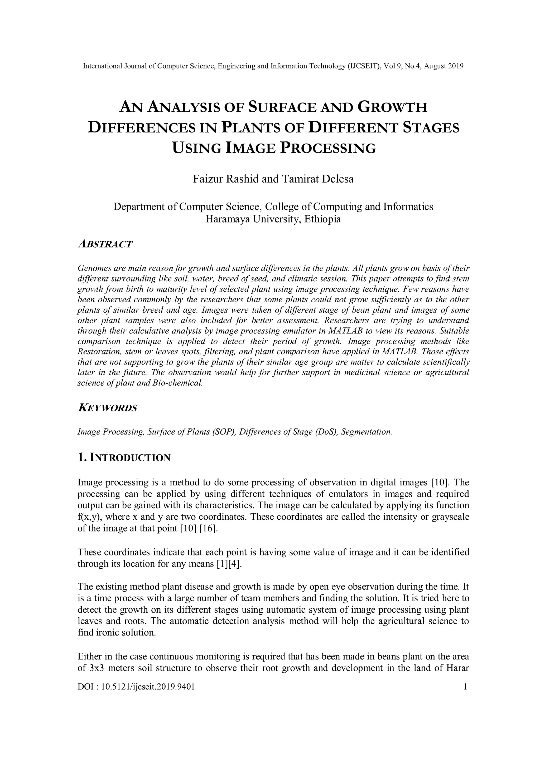 AN ANALYSIS OF SURFACE AND GROWTH DIFFERENCES IN PLANTS OF DIFFERENT STAGES USING IMAGE ...