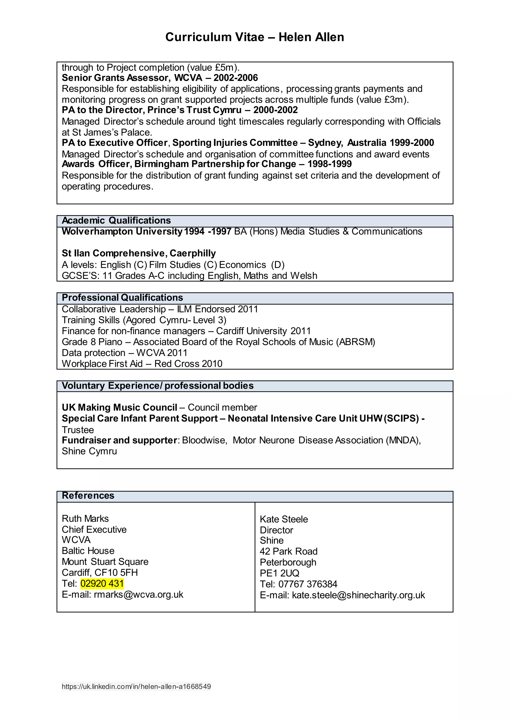 Helen Allen CV Summary 2016 | PDF