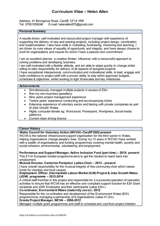 Helen Allen CV Summary 2016 | PDF