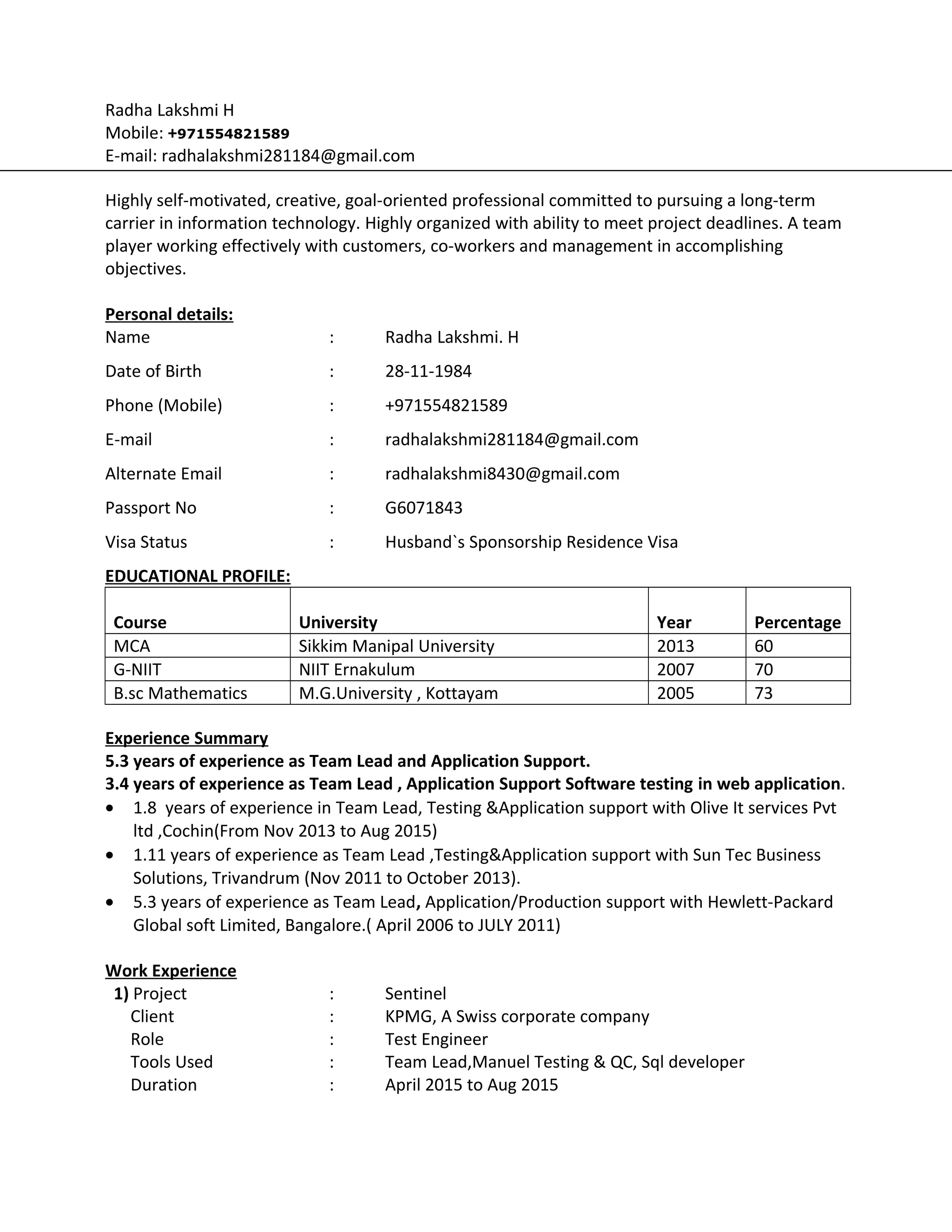 Radha Lakshmi_Resume_Lead | DOC | IT and Internet Support | Internet