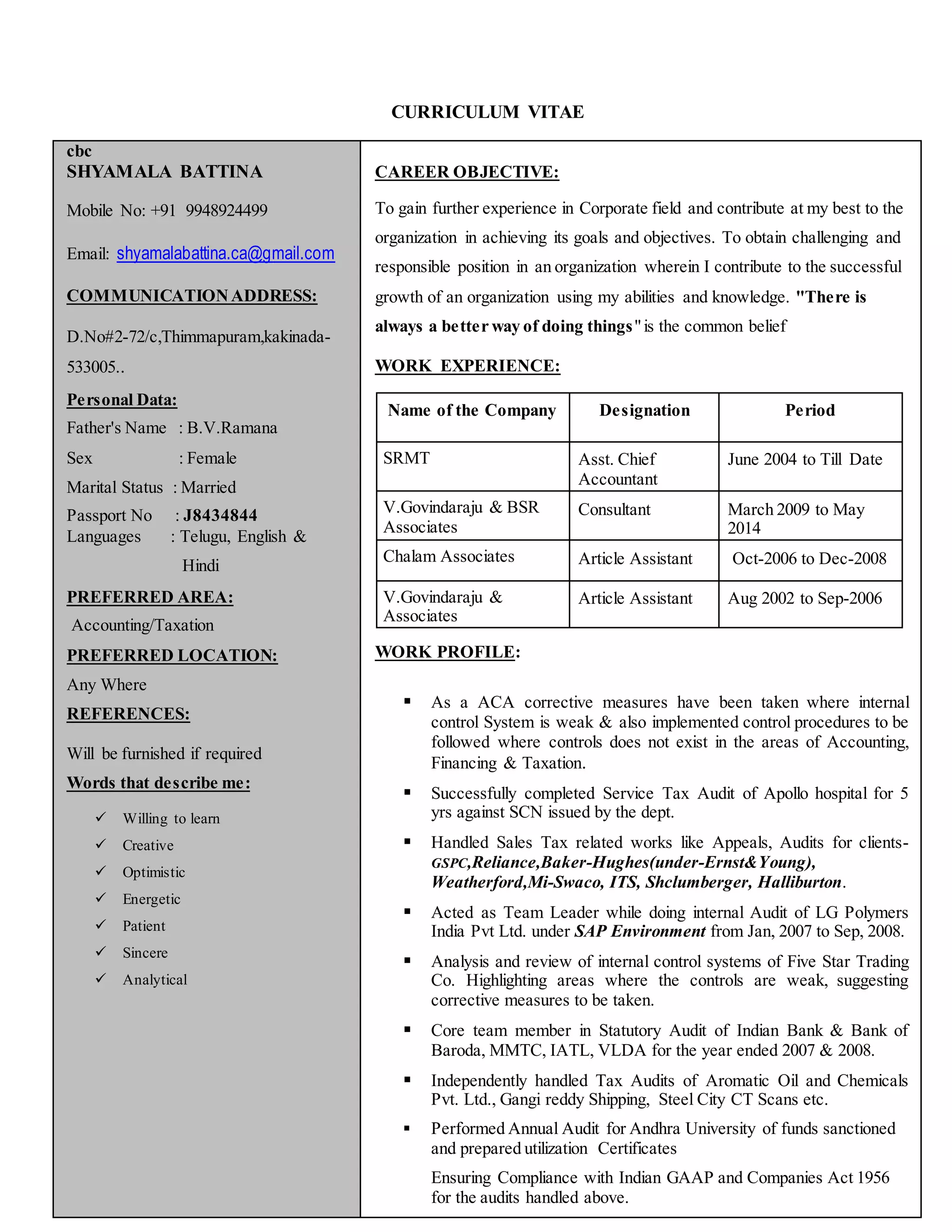 Resume of shyamala kkd ACA | DOCX