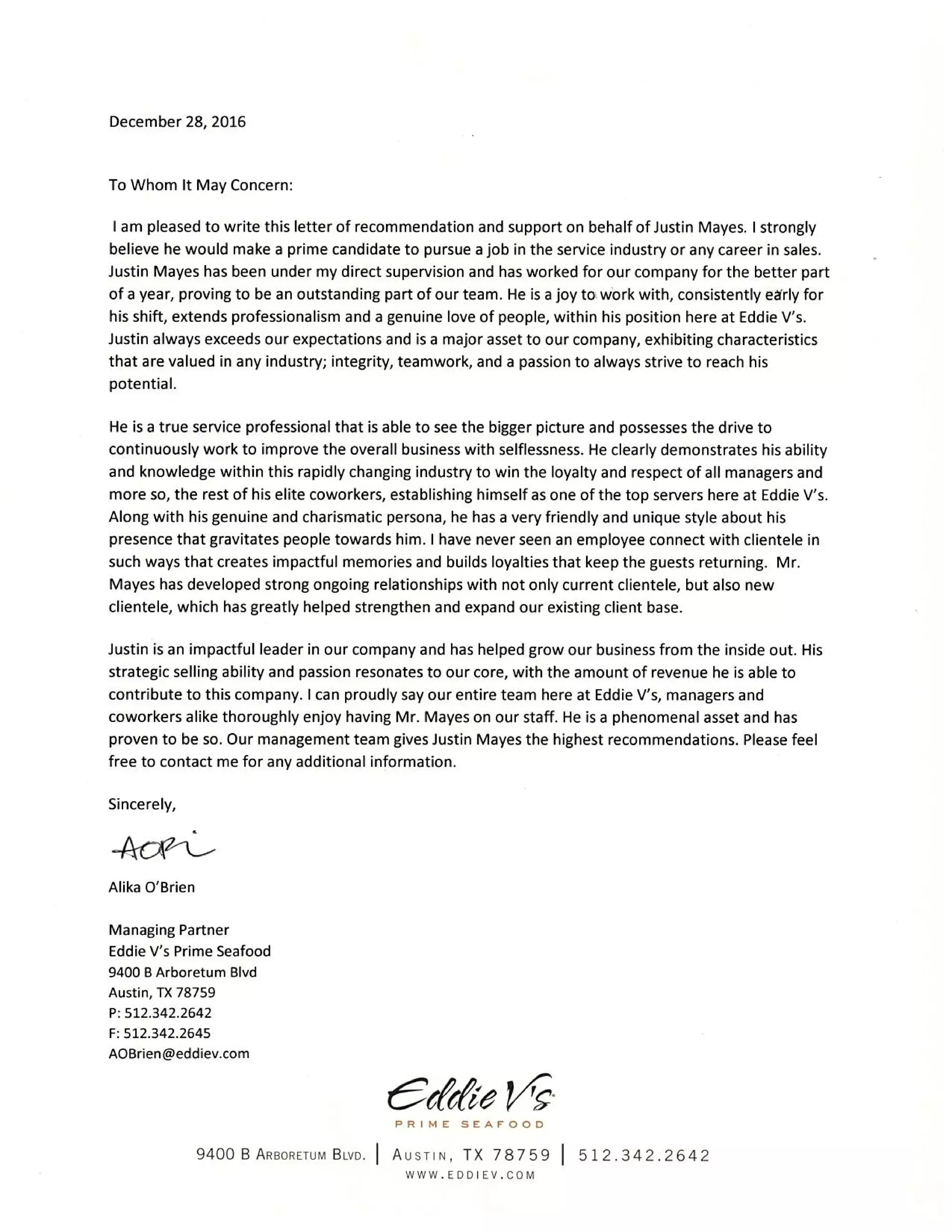 2016 Present - Alika O'Brien - Eddie V's Letter of Rec | PDF