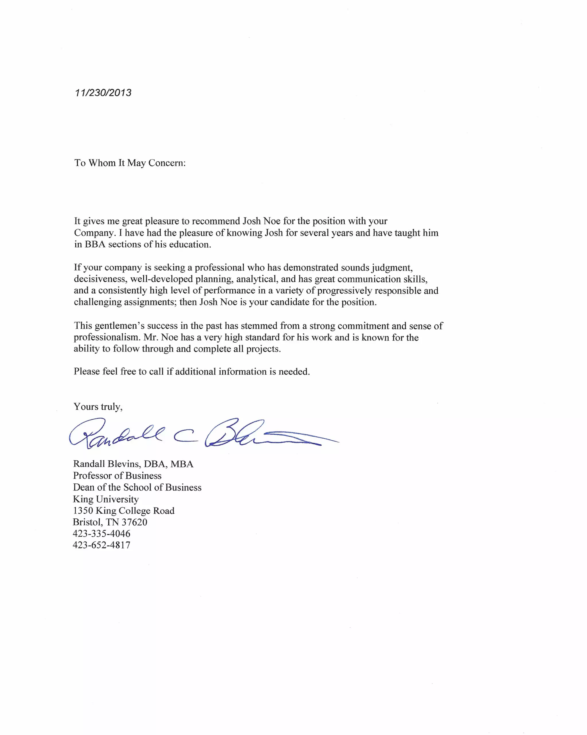 Josh Noe Letter of rec. | PDF