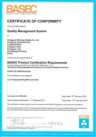 2016-2019,证书集合 BASEC certificates combined, Minxing Cables | PDF