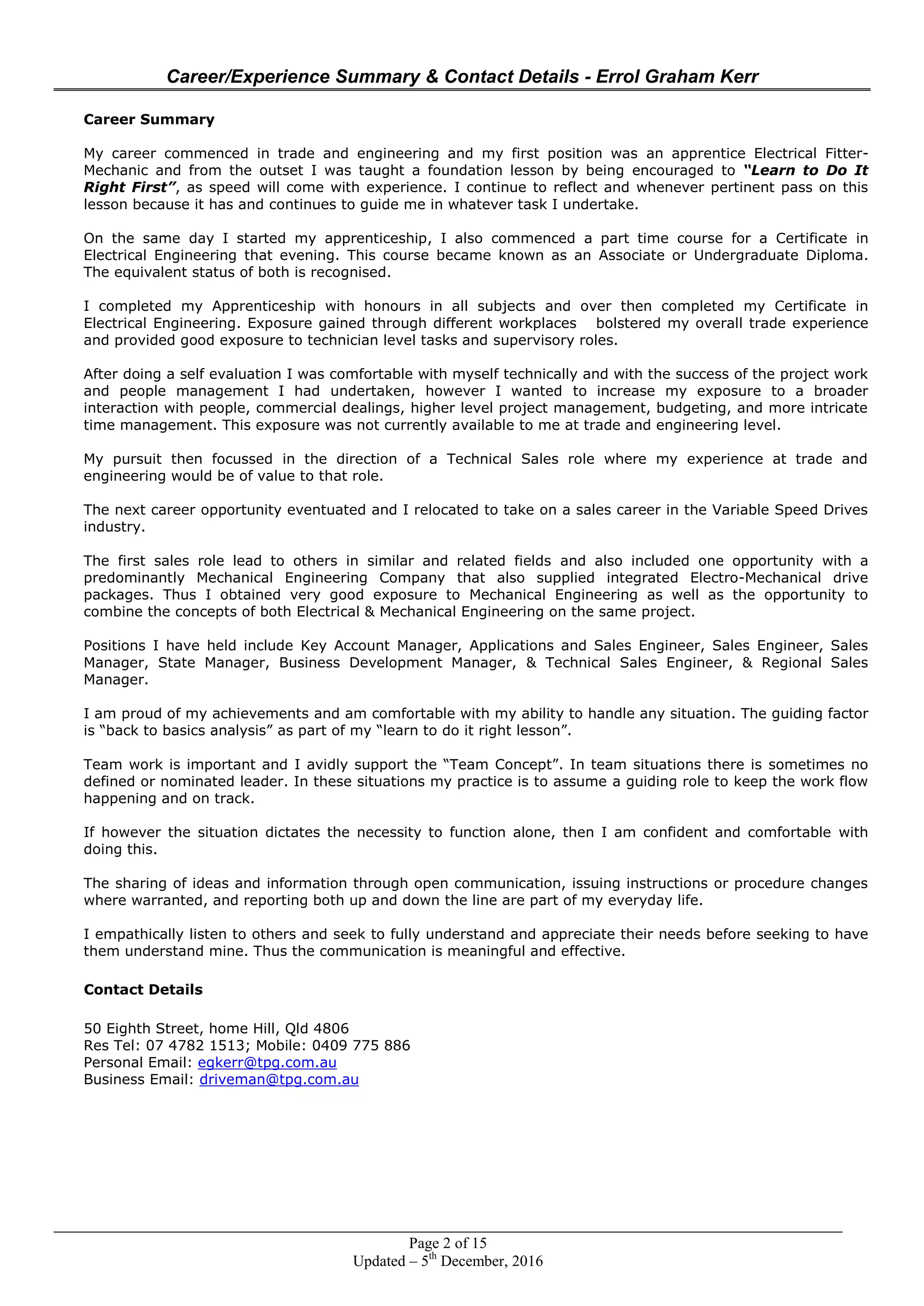 Resume of Errol Graham Kerr (5-12-2016) | PDF