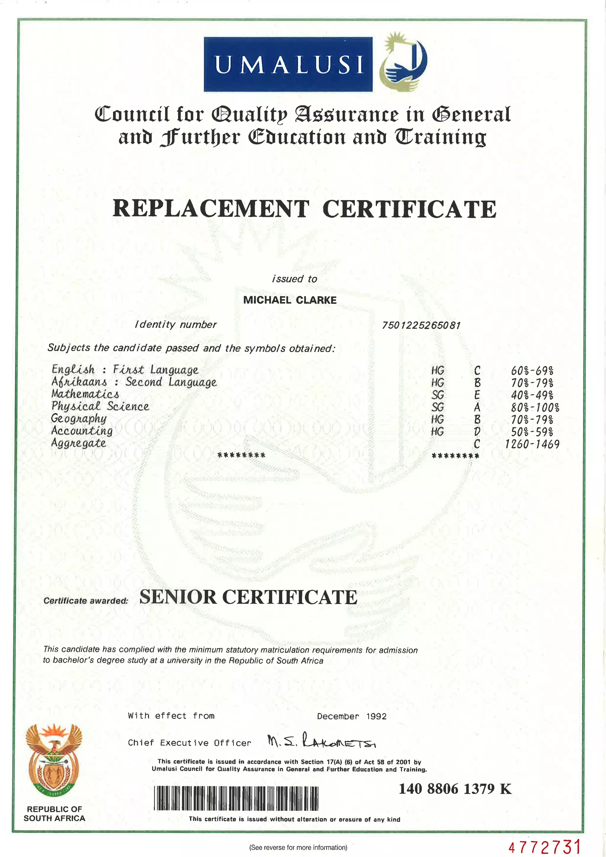 Matric Cert M | PDF