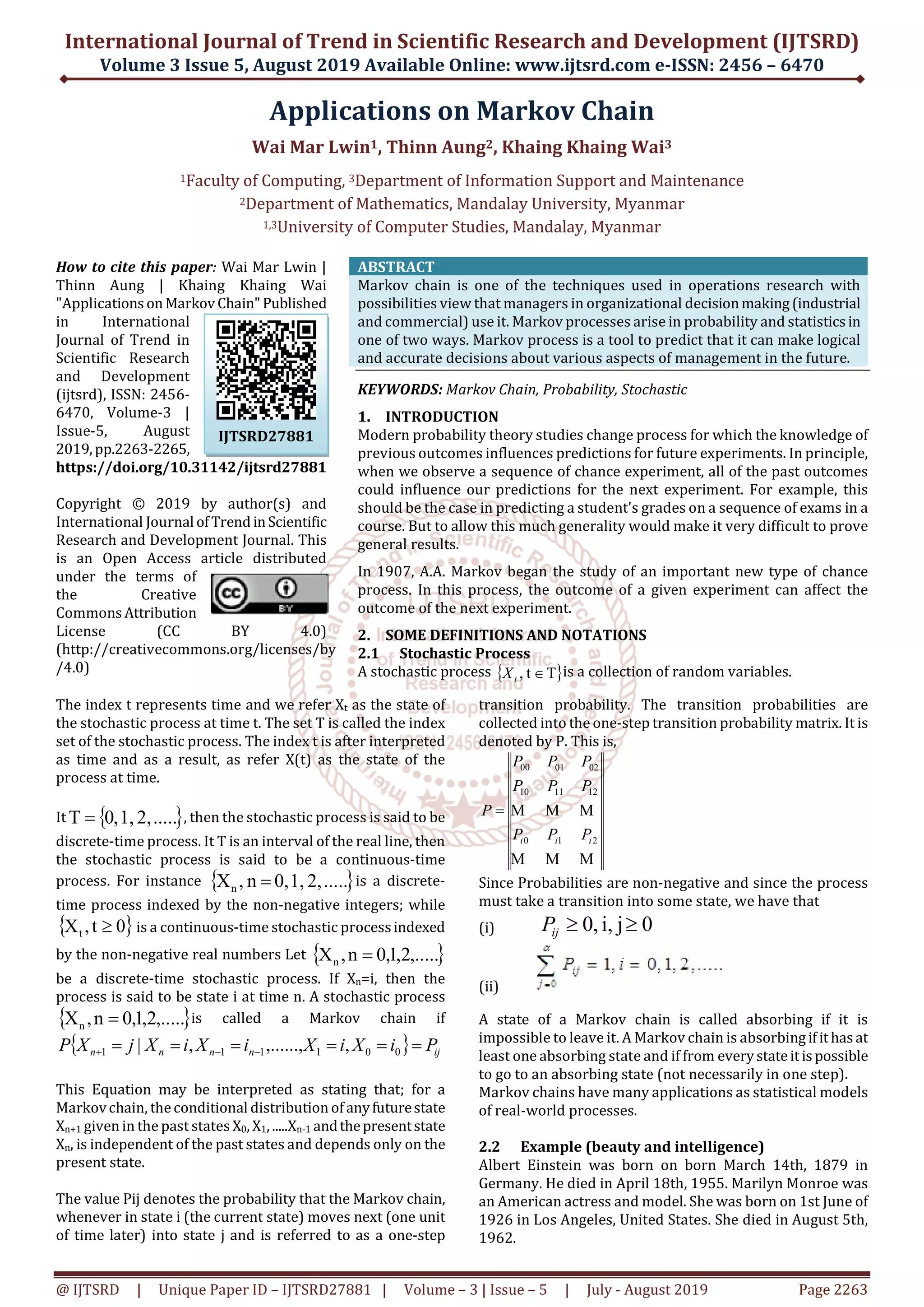 Applications on Markov Chain | PDF