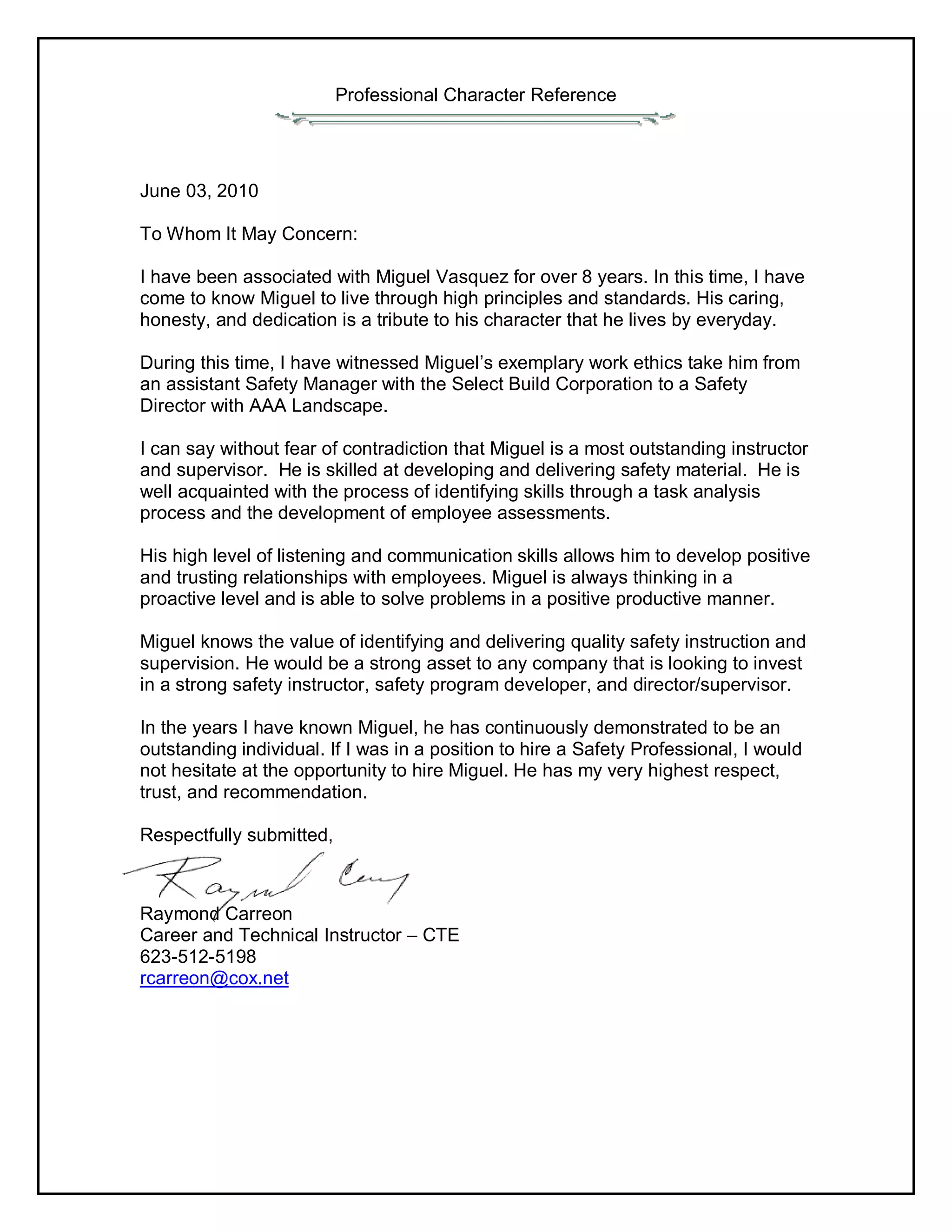 Miguel Vasquez LOR Character Reference | PDF