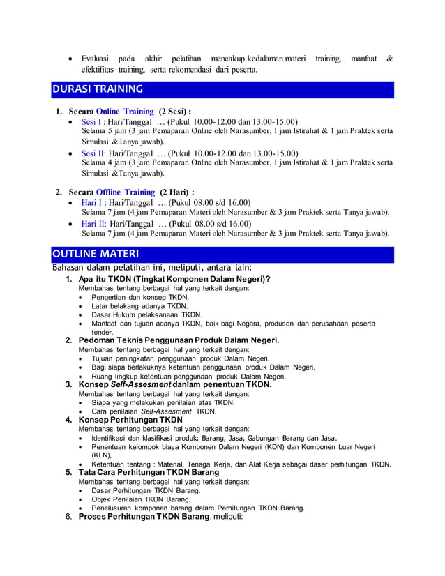 Silabus Training "Tingkat Komponen Dalam Negeri (TKDN) + BMP" | PDF