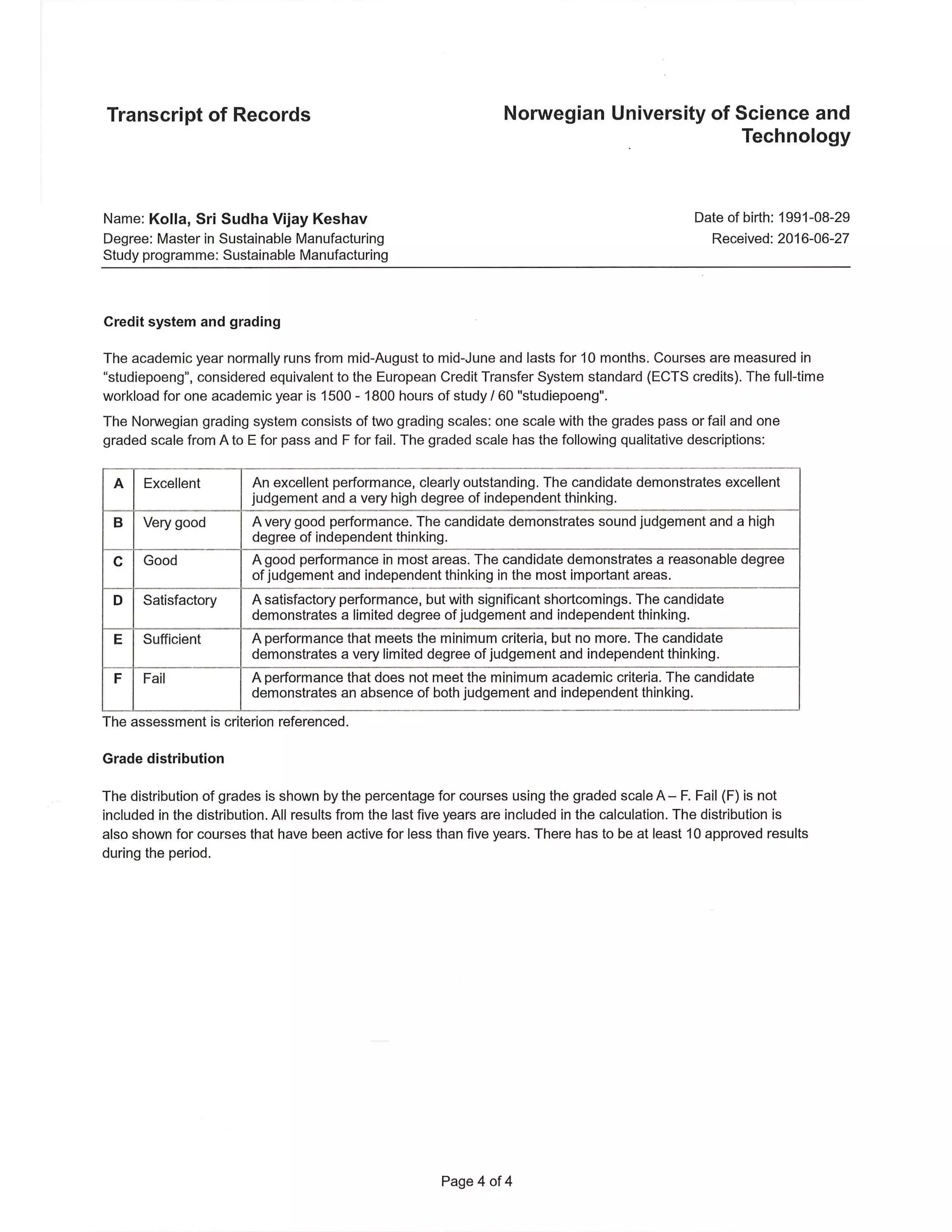 Transcripts of Grades in Masters- NTNU | PDF