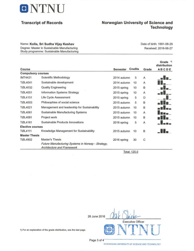 Transcripts of Grades in Masters- NTNU