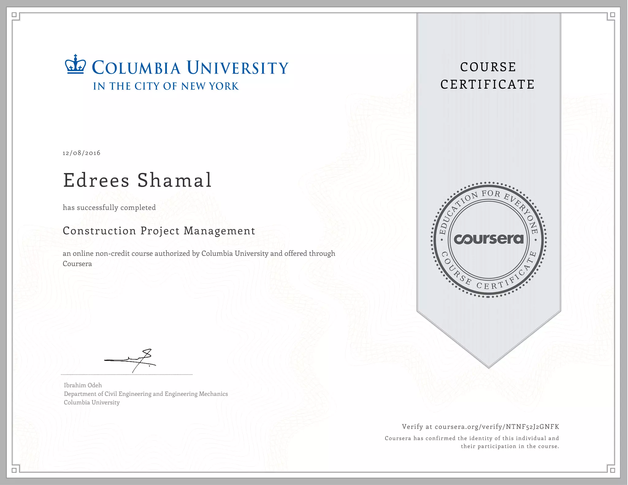 Construciton Project Management Certificate | PPT