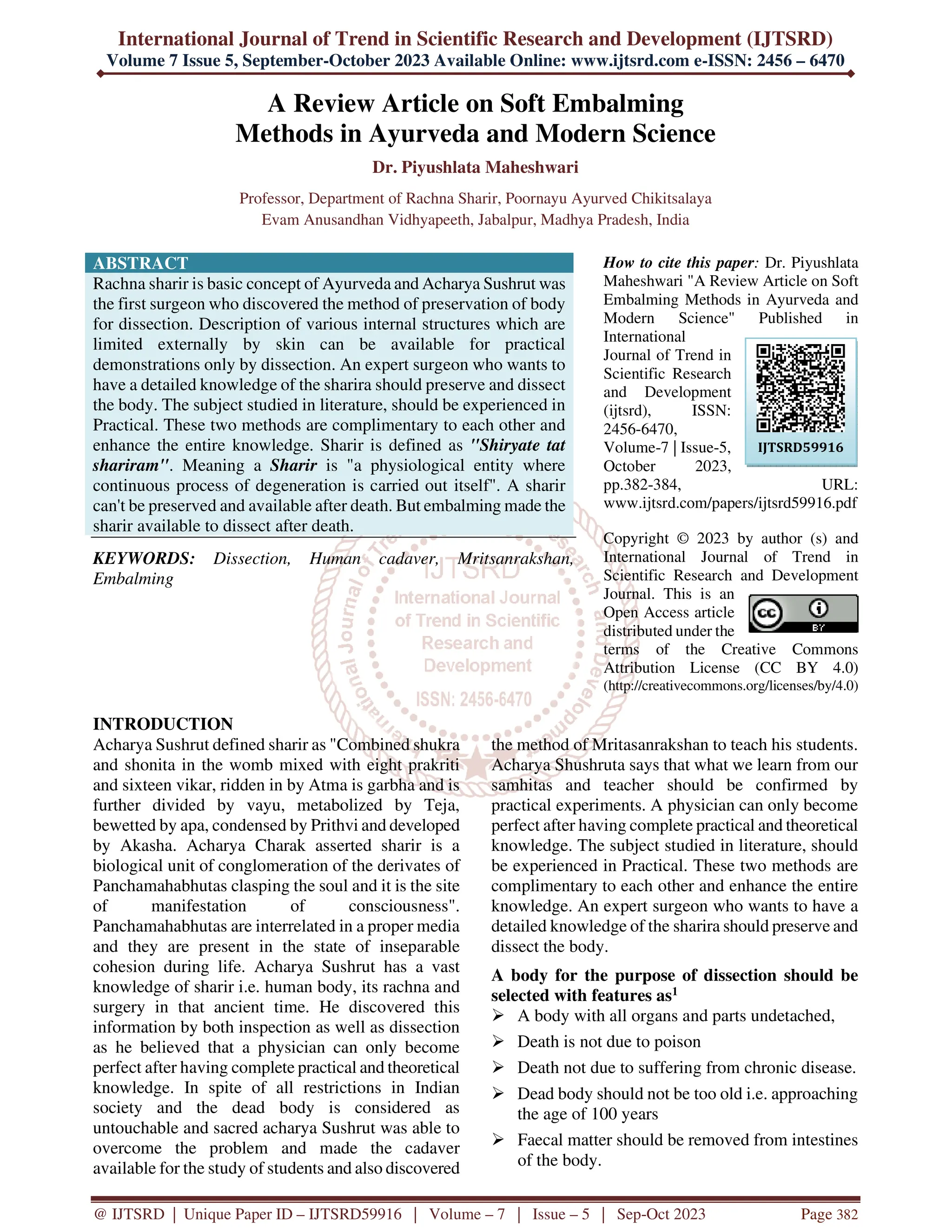 A Review Article on Soft Embalming Methods in Ayurveda and Modern ...