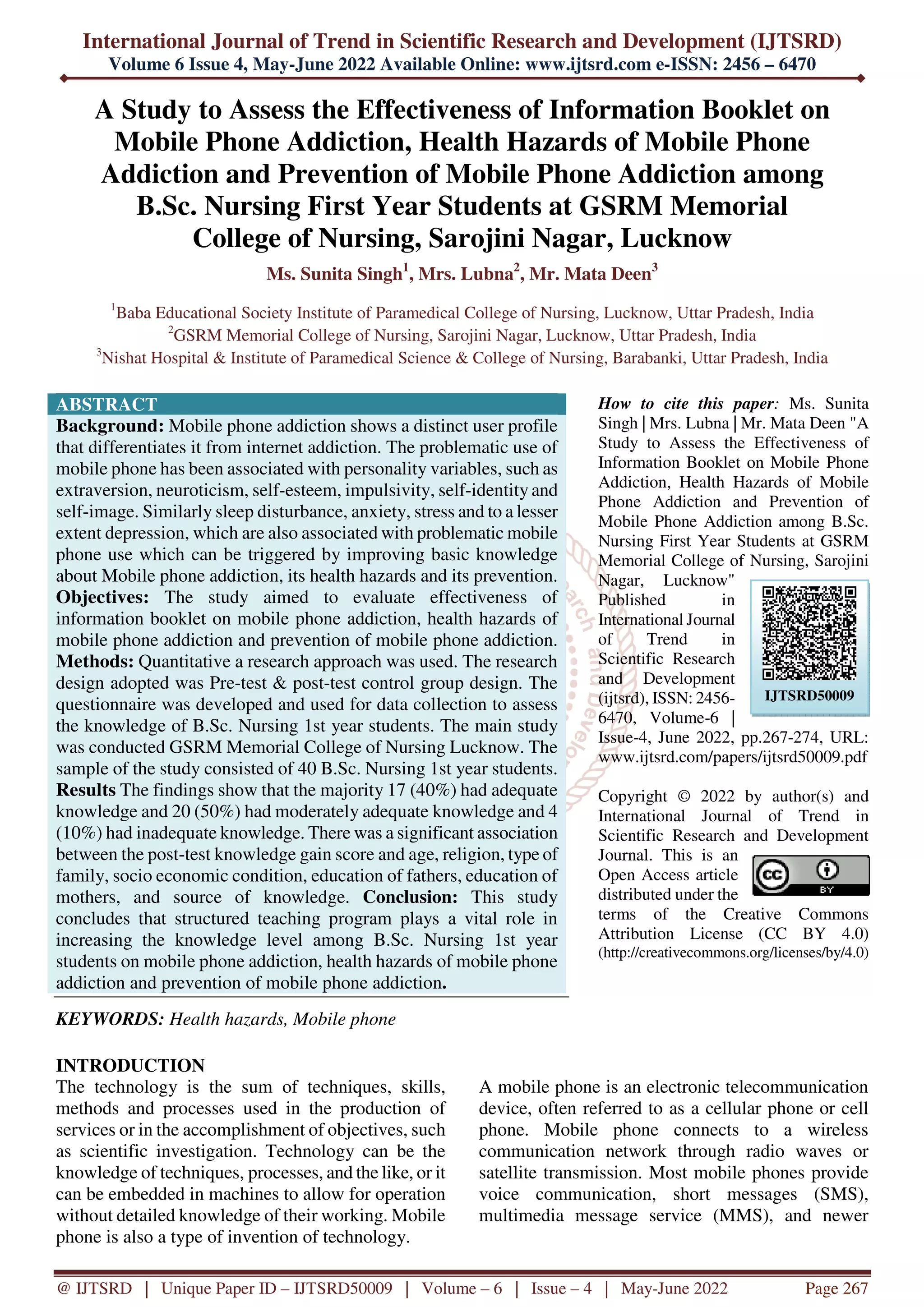 A Study to Assess the Effectiveness of Information Booklet on Mobile ...