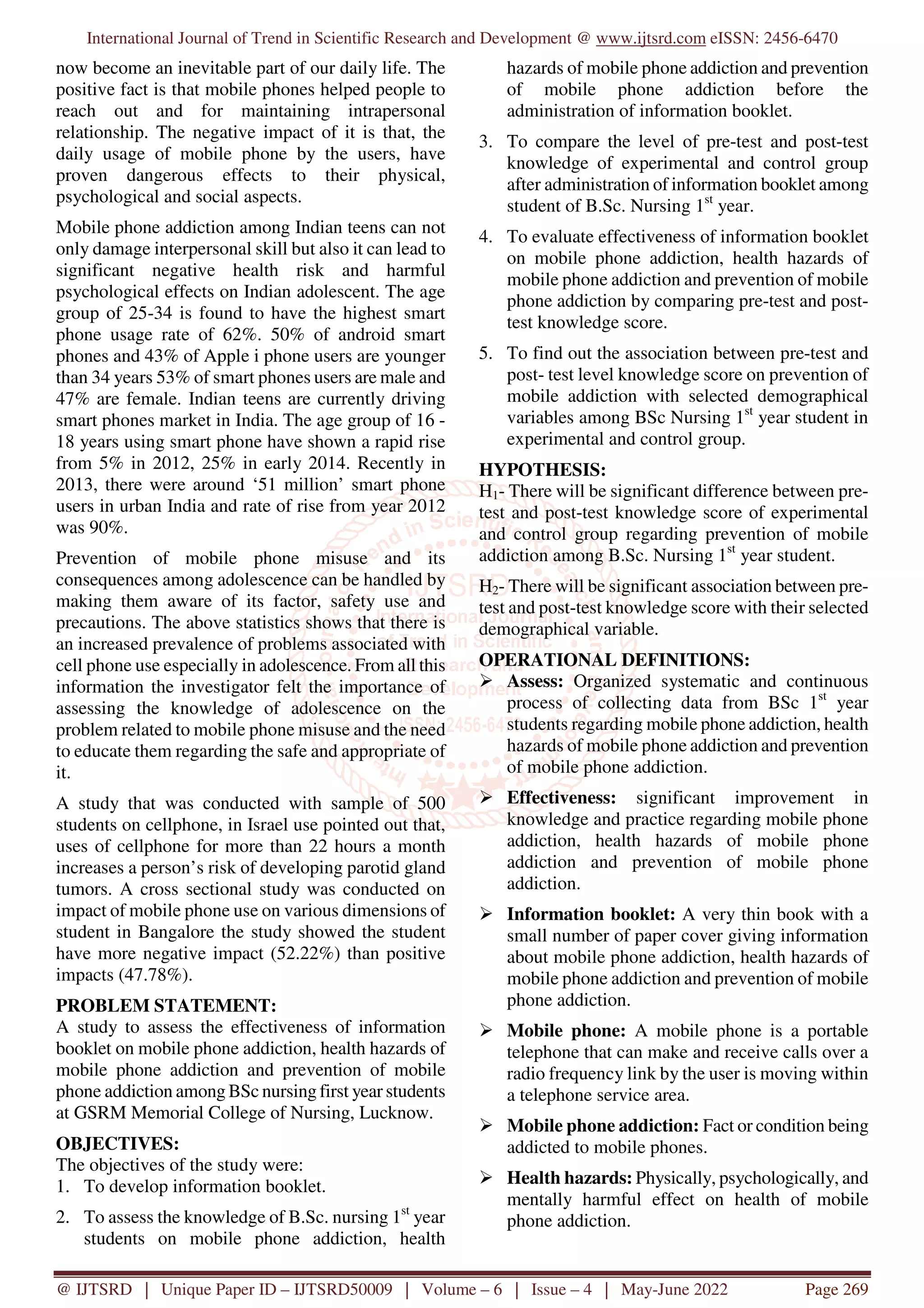 A Study to Assess the Effectiveness of Information Booklet on Mobile ...