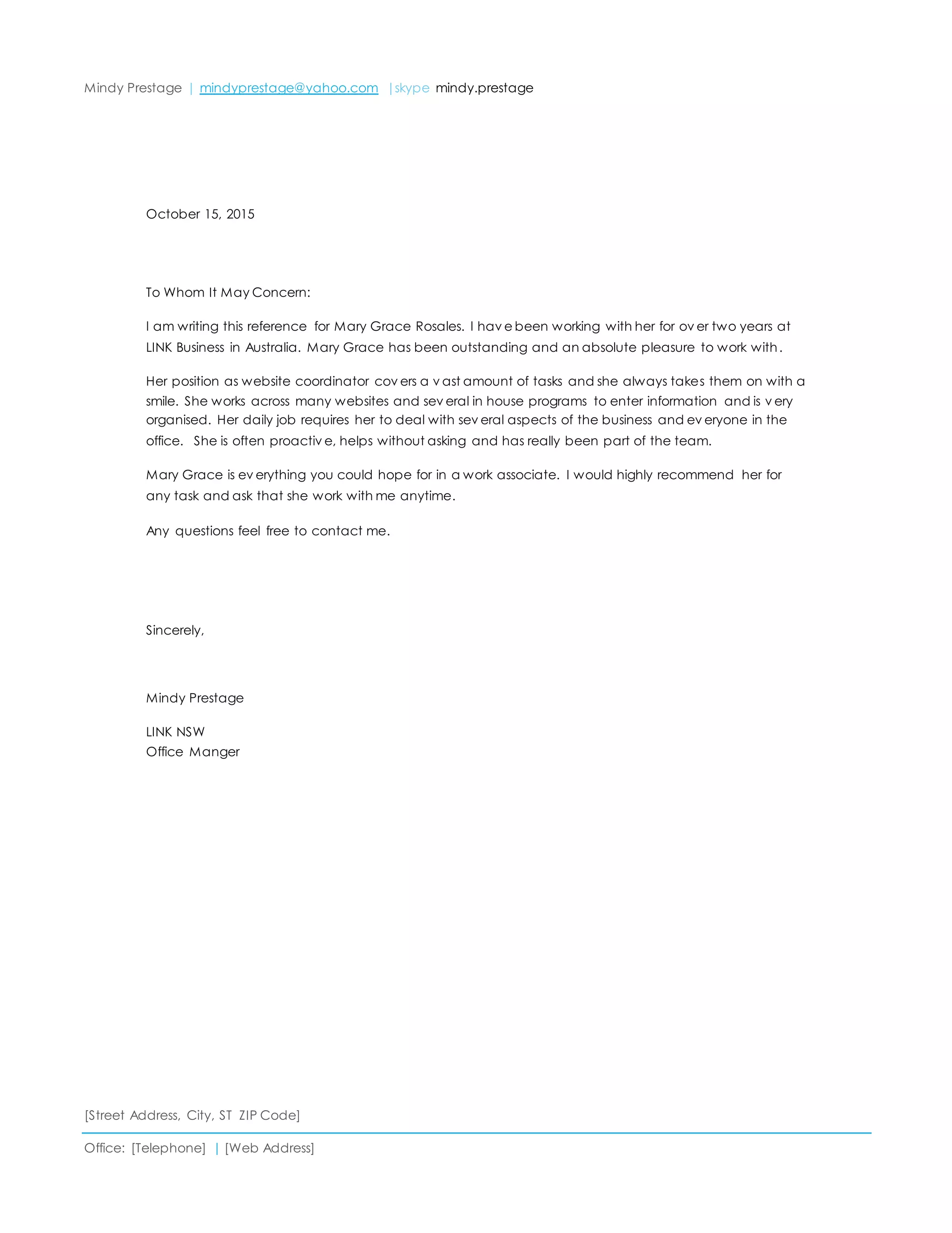 Mindy Reference Letter | PDF