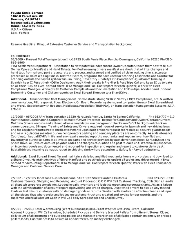 RESUME - CUSTOMER SERVICE -MAINTNANCE COORDINATOR & DRIVER PROCESSOR 2 ...