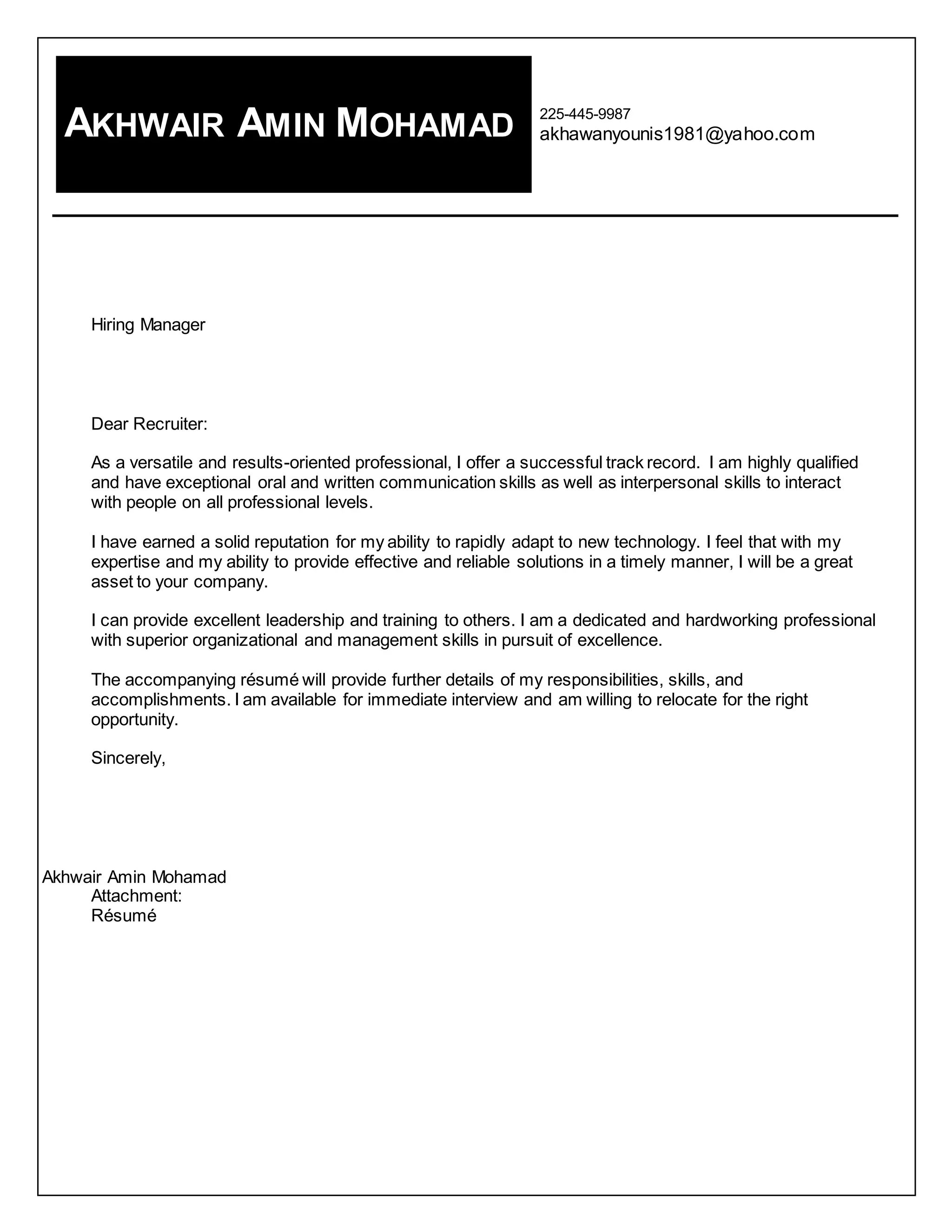 Akhwair Amin Mohamad Cover letter | PDF