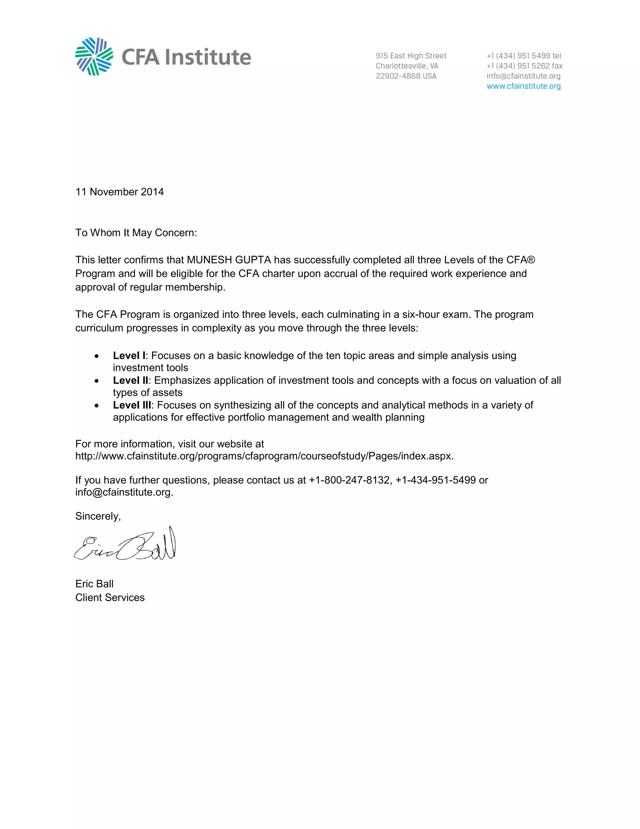 Munesh-Gupta-CFA Institute Letter | PDF
