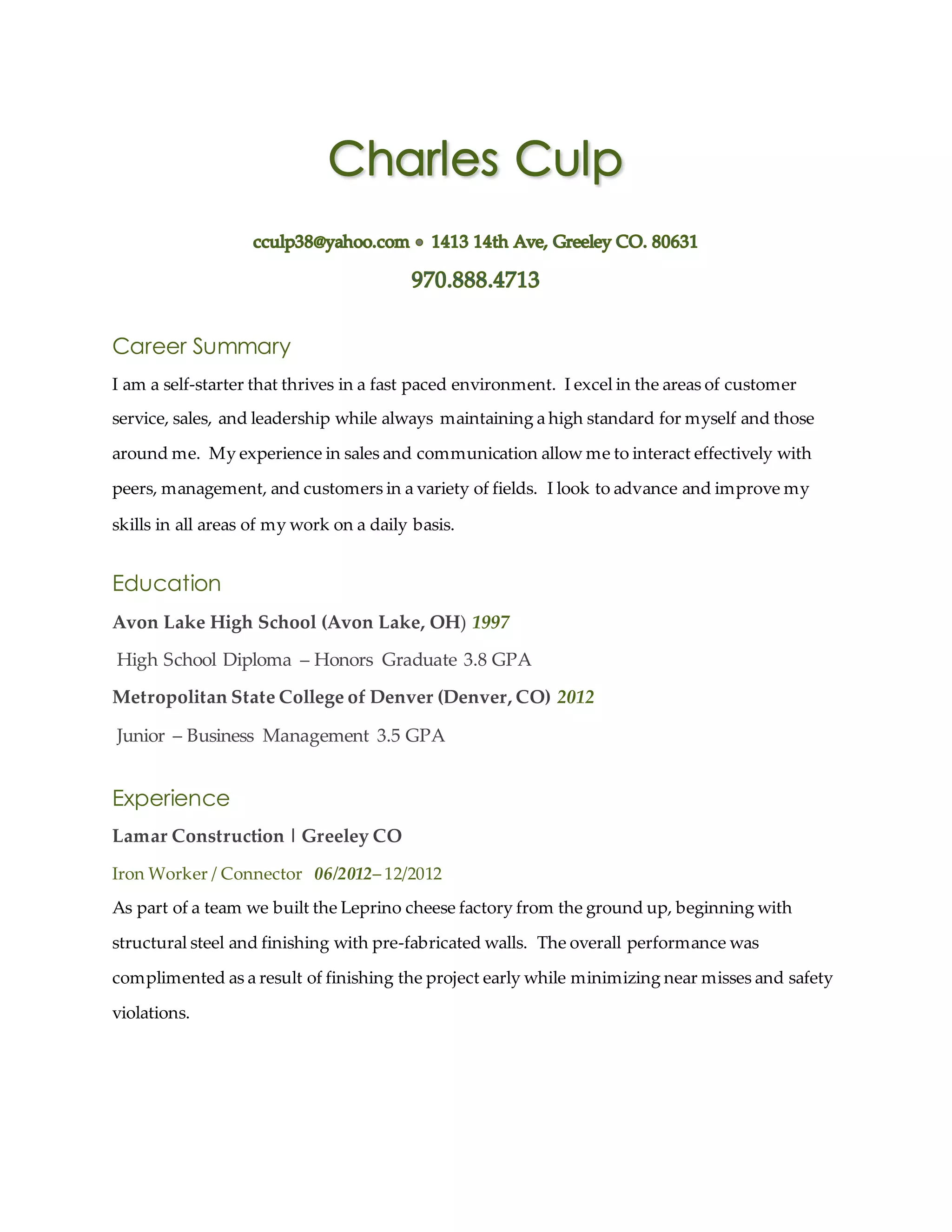 Charlie Resume | DOCX | Sales | Business
