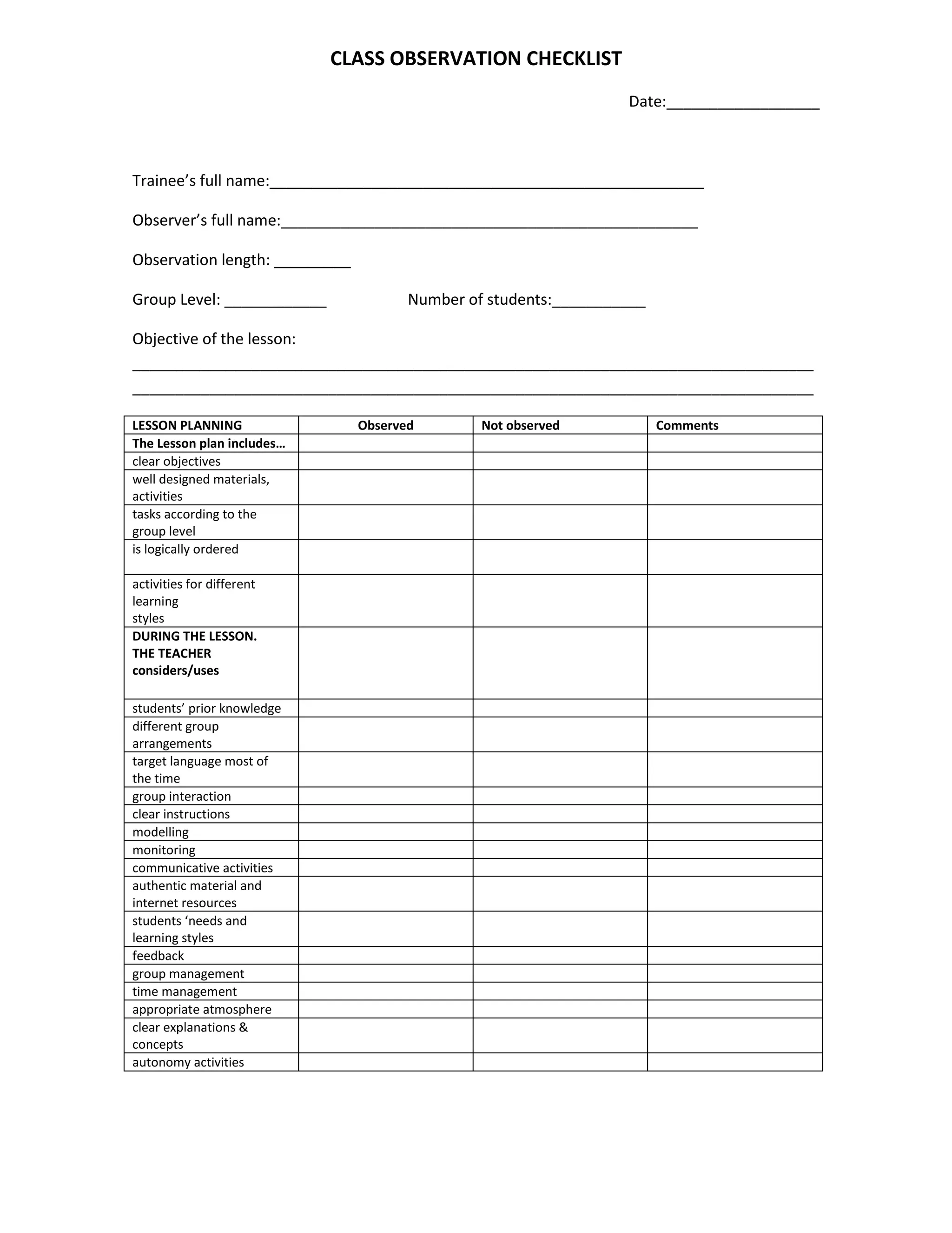 4 3 class observation checklist_fabiola_pérez_palma | PDF
