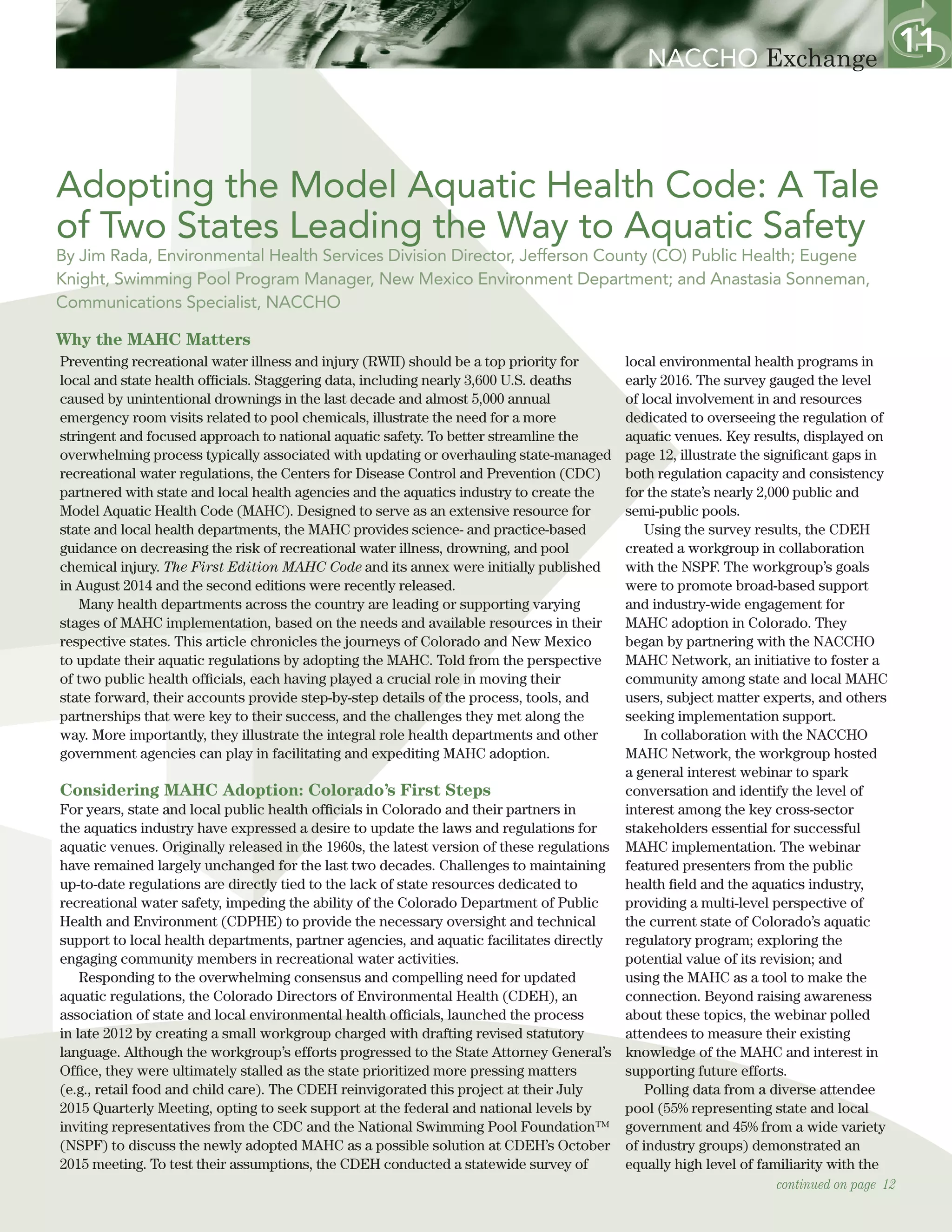 Adopting the Model Aquatic Health Code A Tale of Two States Leading the ...