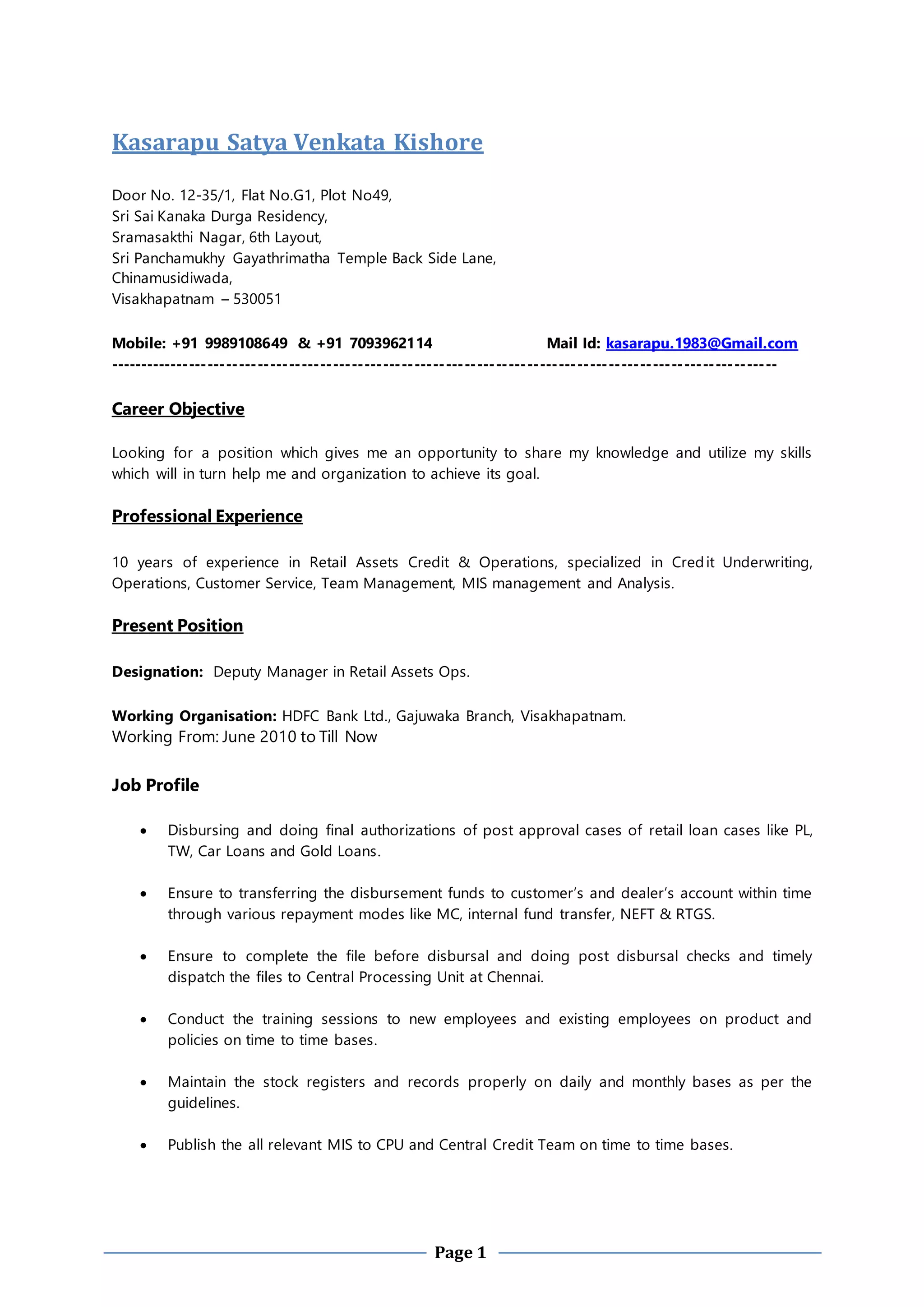 Resume of Kishore Kasarapu | DOCX | Business Accounting & Finance | Business