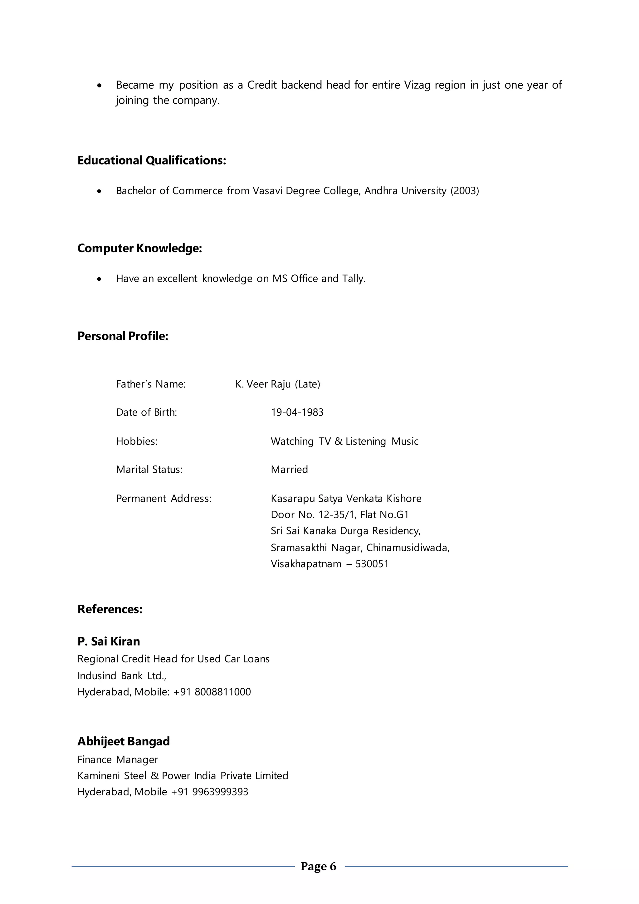 Resume of Kishore Kasarapu | DOCX | Business Accounting & Finance | Business