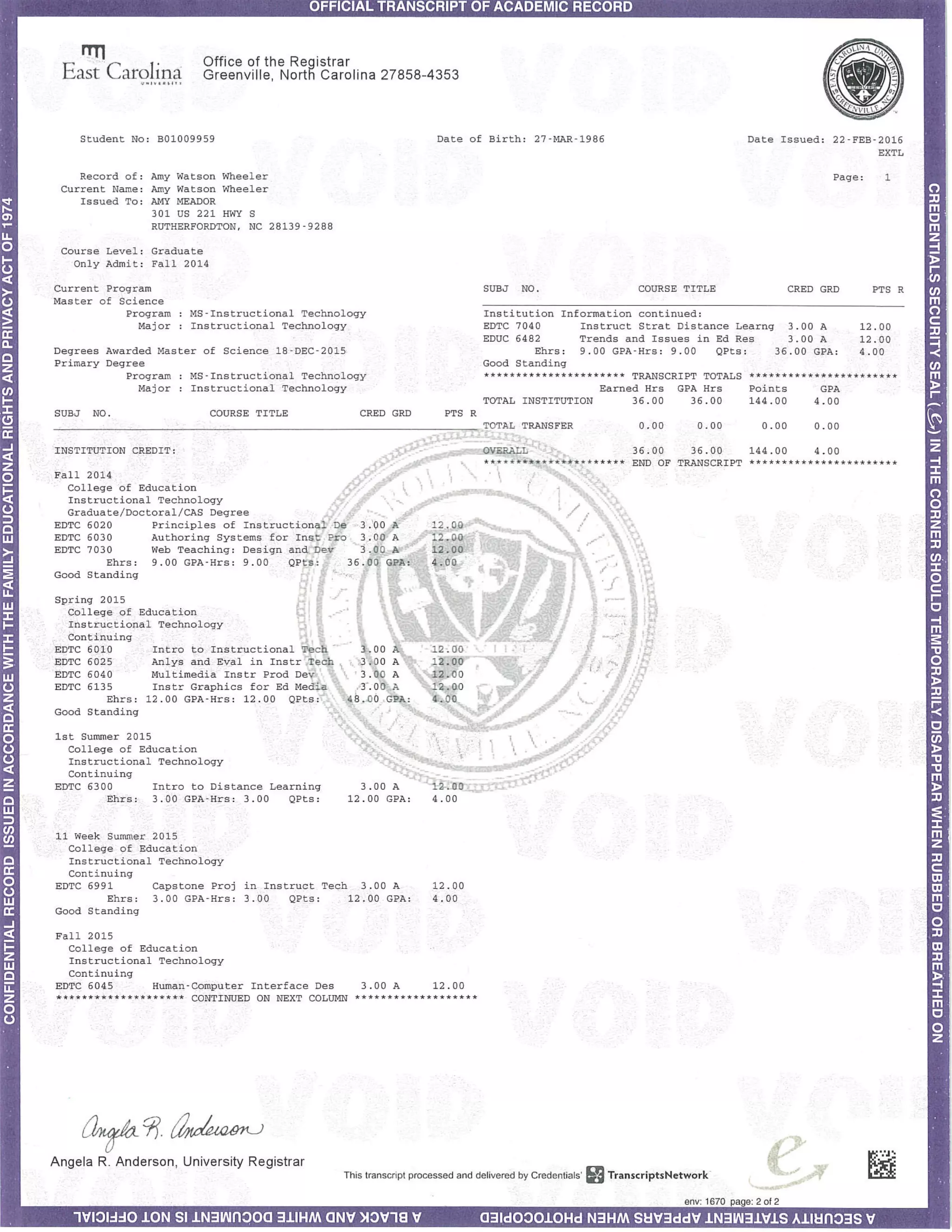 Amy Meador ECU Transcript | PDF