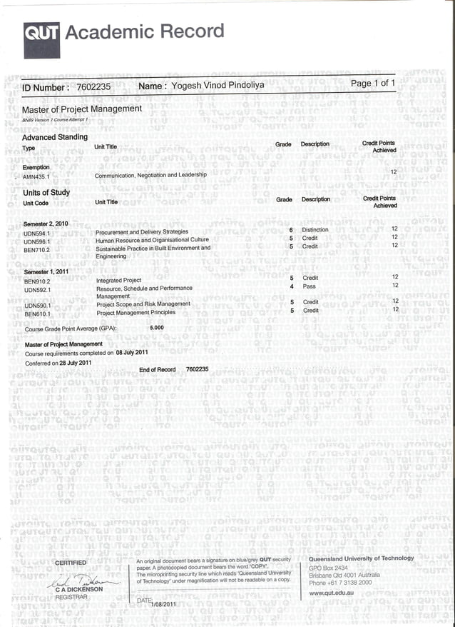 Master of Project Management_Transcript, QUT | PDF