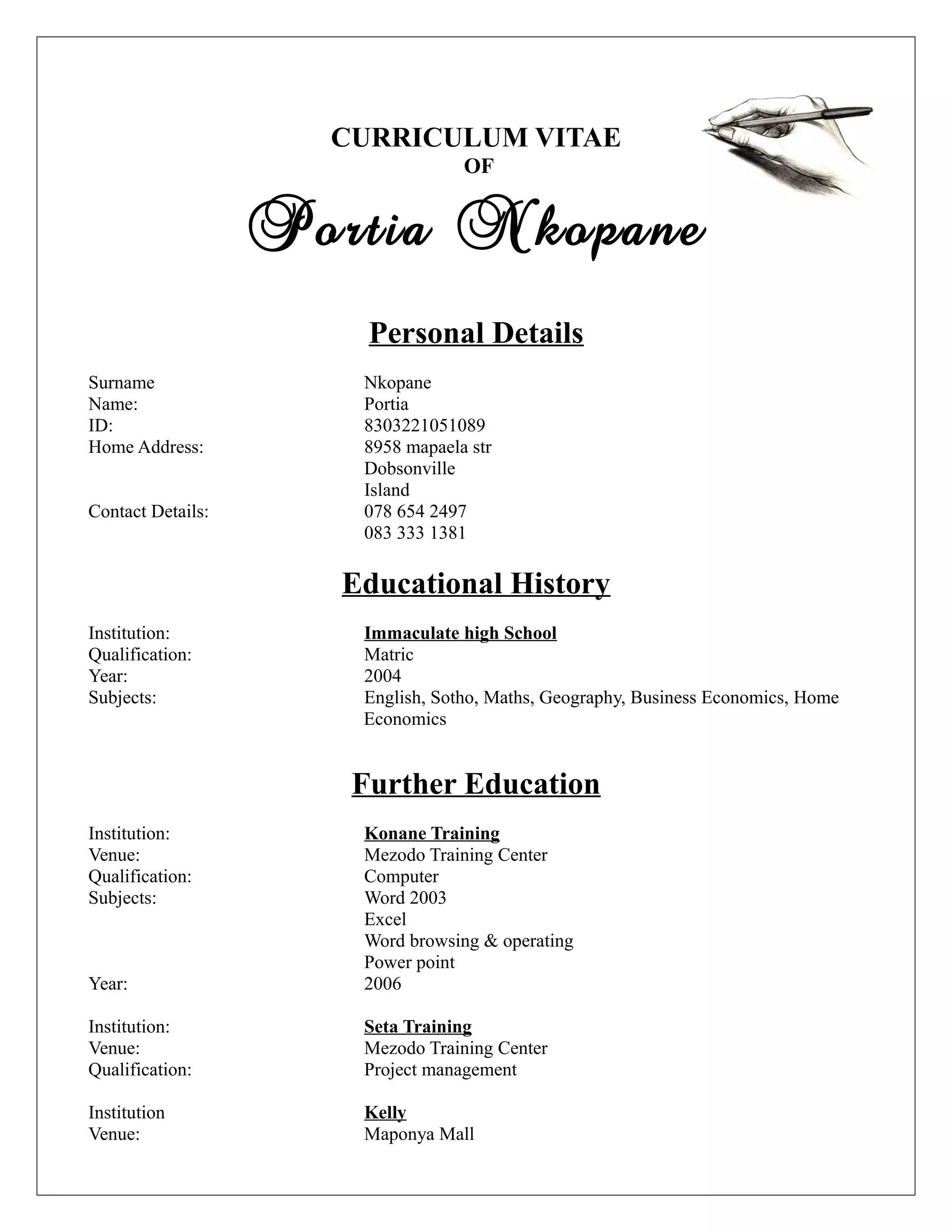 CV of Portia Masesi Nkopane | DOC