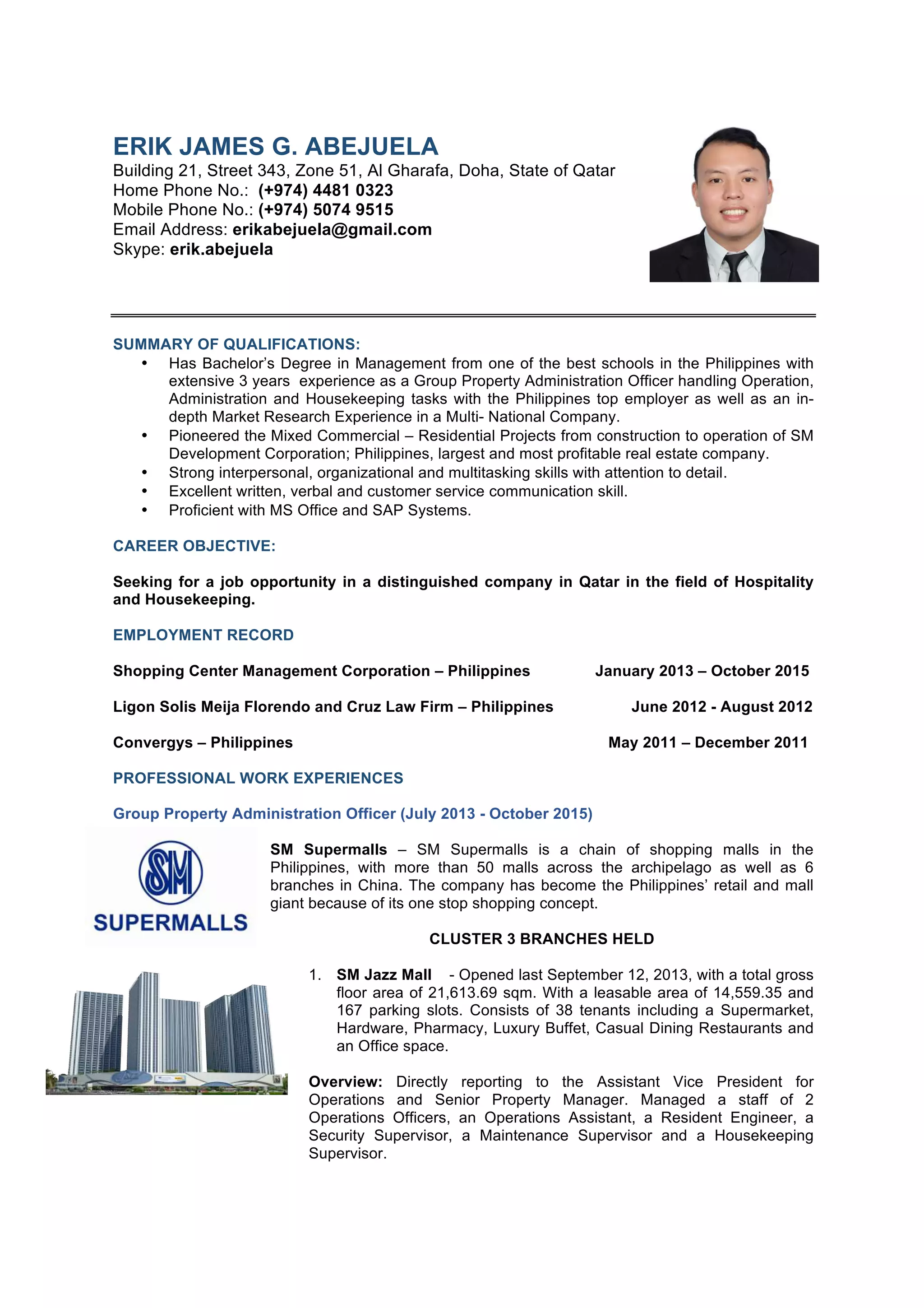 ERIK JAMES G. ABEJUELA CV 2015 (ADMINISTRATION AND HOUSEKEEPING) | PDF