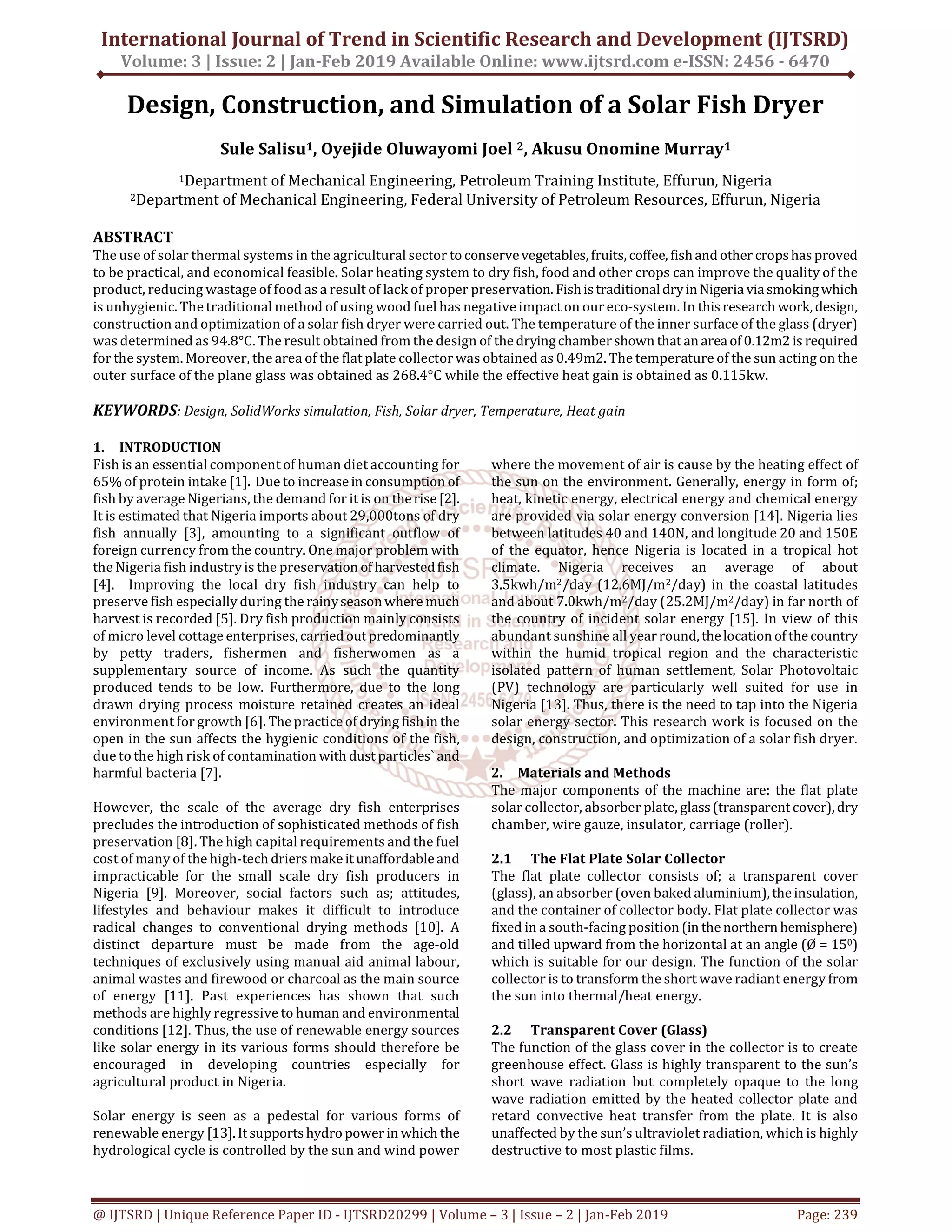 Design, Construction, and Simulation of a Solar Fish Dryer | PDF