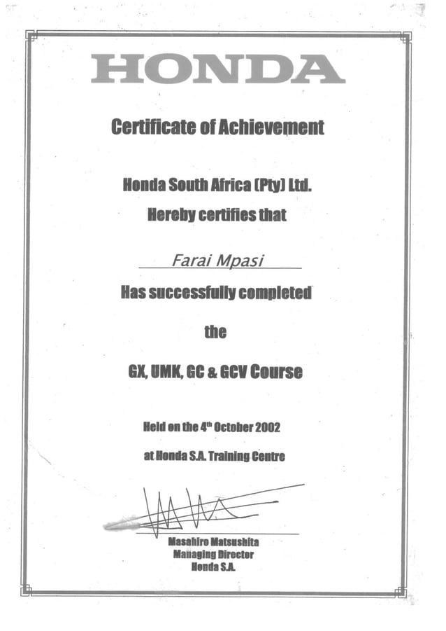 FARAI HONDA STATIONARY ENGINES TECHNICIAN CERTIFICATE | PDF