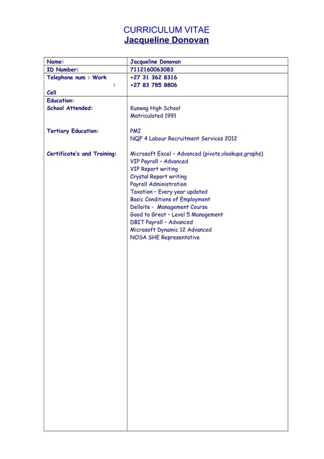 Jacqueline Donovan CV | DOC | Human Resources | Business