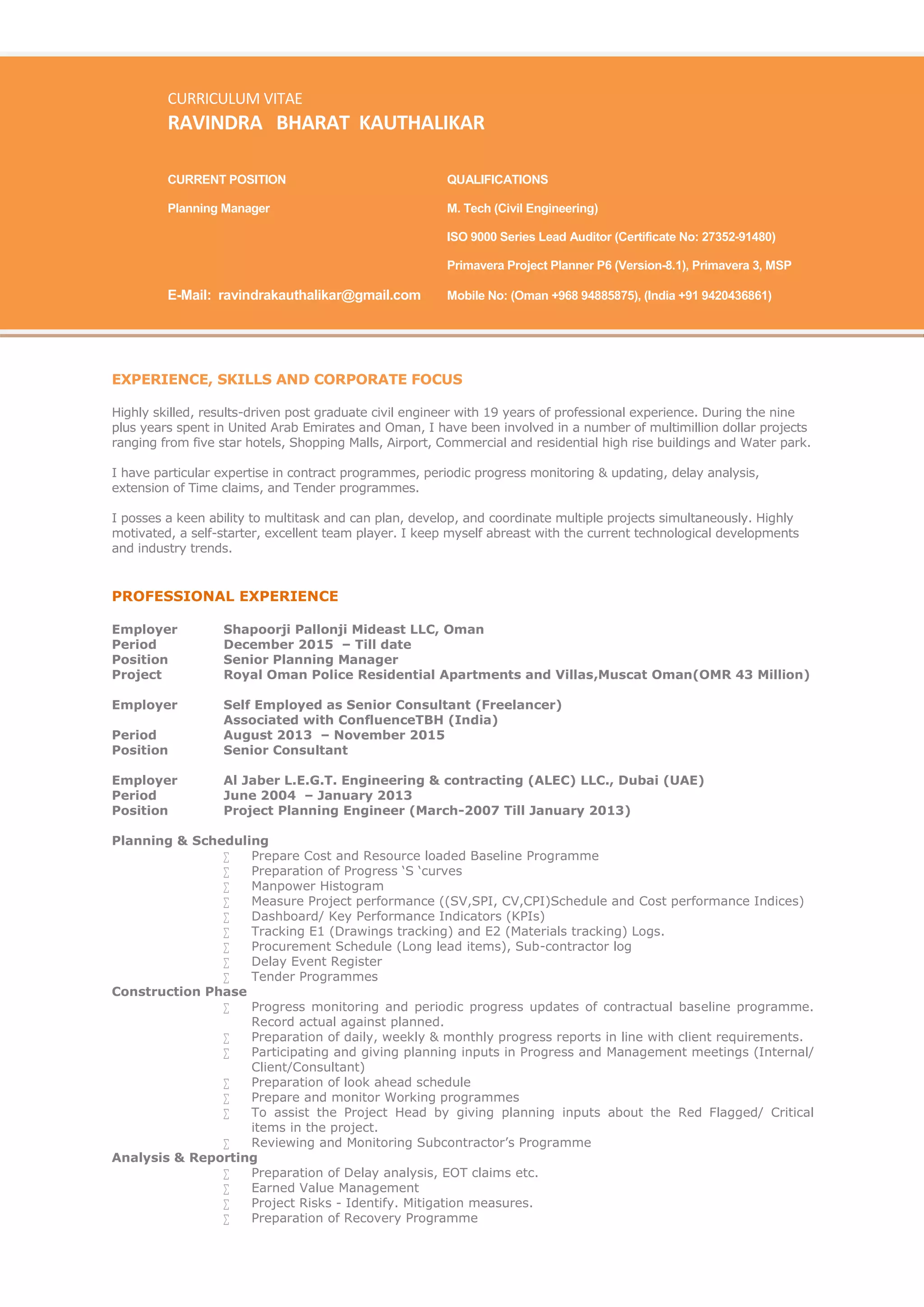 Ravindra_Planning Manager_CV_2016_Latest | PDF