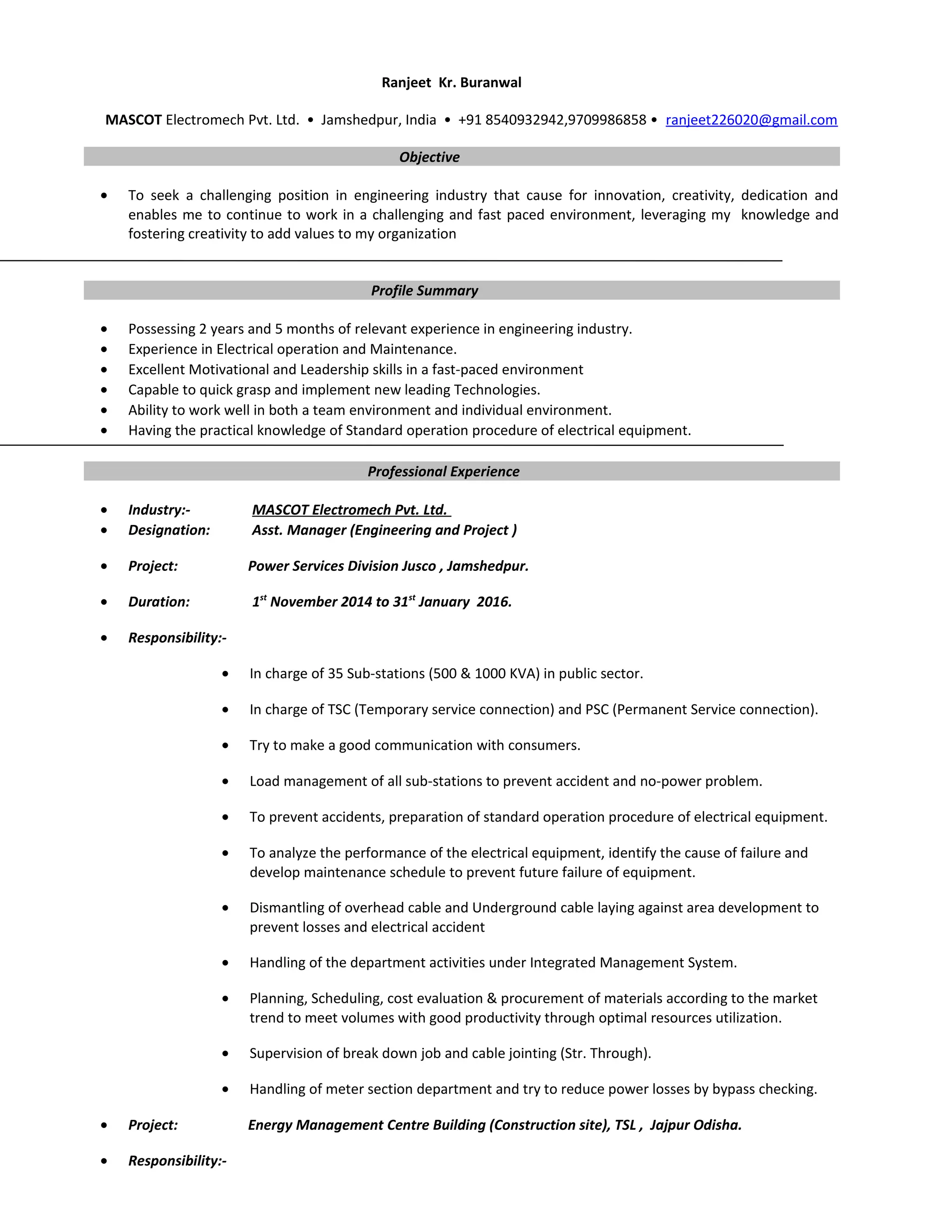 Ranjeet resume Industrial | DOC | Civil Engineering Industry | Industries