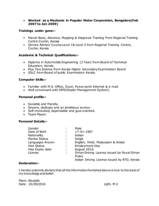 RESUME-LIJITH.M.V | DOC | Automotive Industry | Industries