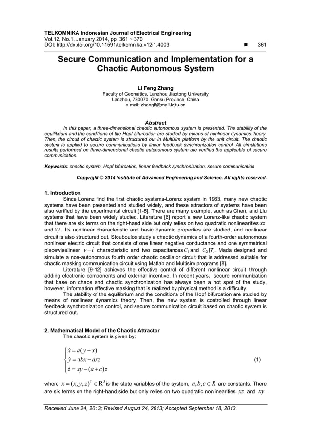 Secure Communication And Implementation For A Chaotic Autonomous System Pdf