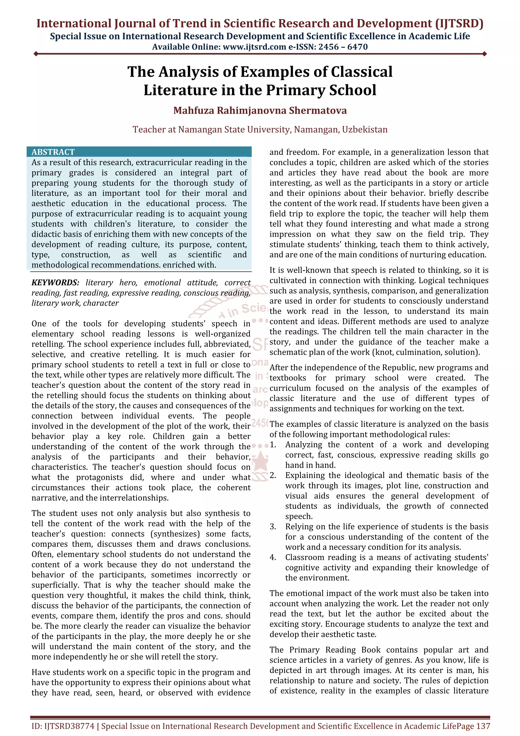 The Analysis of Examples of Classical Literature in the Primary School | PDF