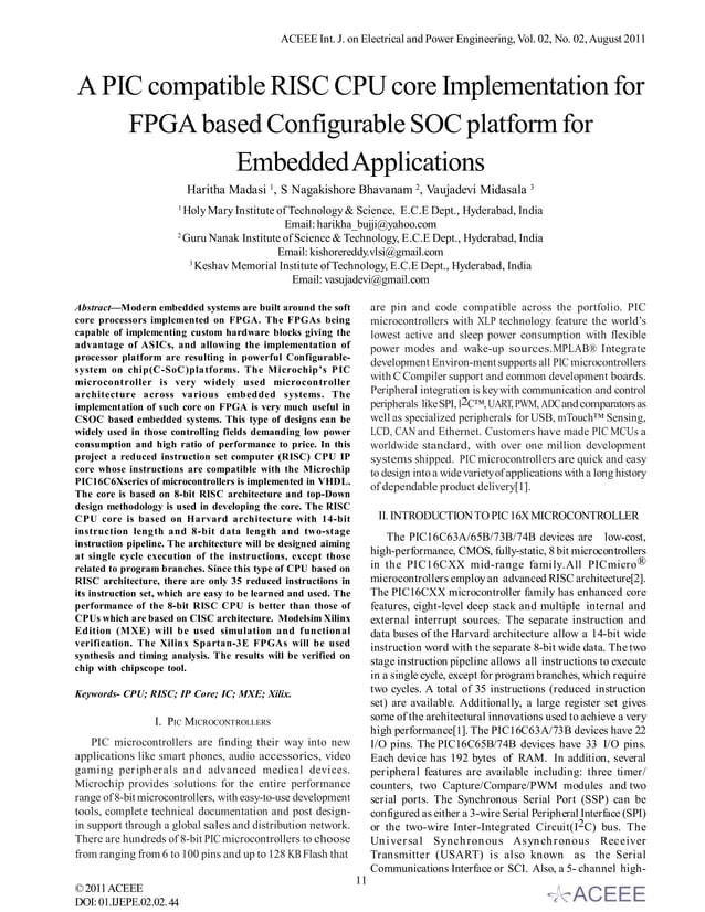 A PIC compatible RISC CPU core Implementation for FPGA based Configurable SOC platform for ...